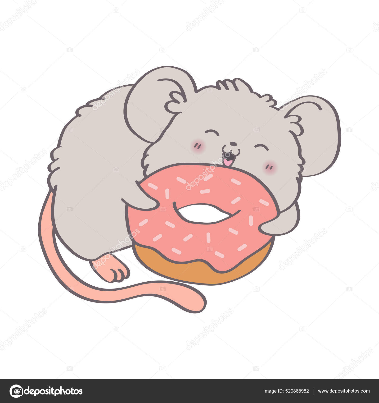 Sød Tegneserie Vektor Rotte Smilende Mus Spiser Lyserød Donut Kawaii ...
