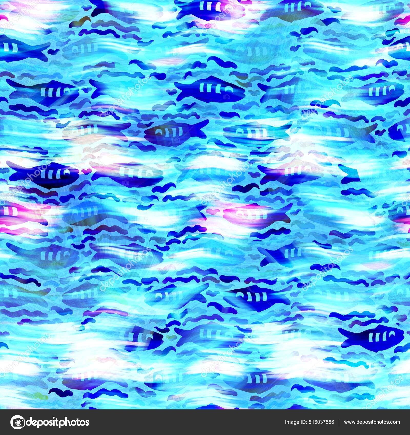 Batik fish tie dye wash background. Mottled underwater swimming fishes ...