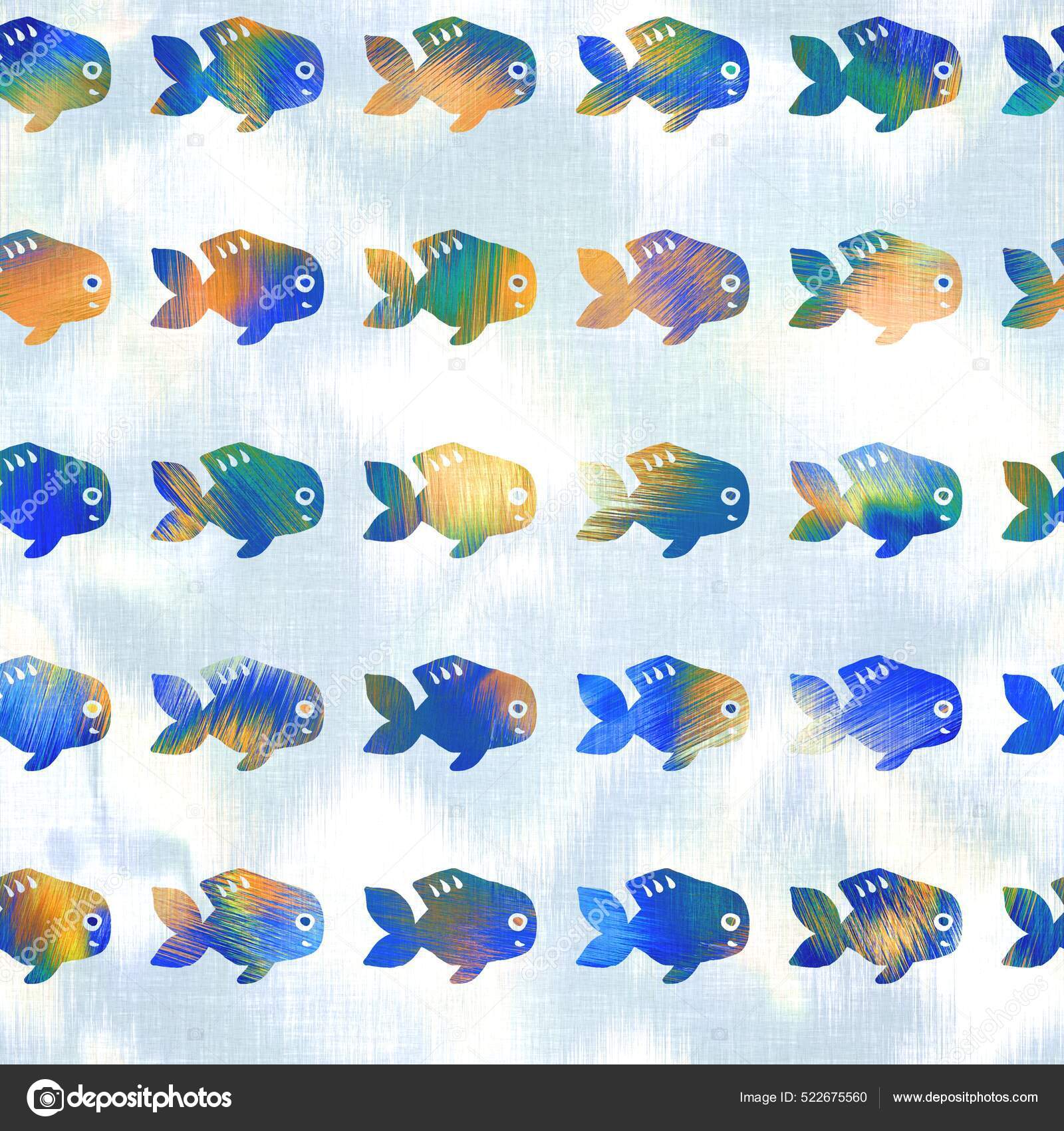 Batik fish tie dye wash background. Mottled underwater swimming fishes ...