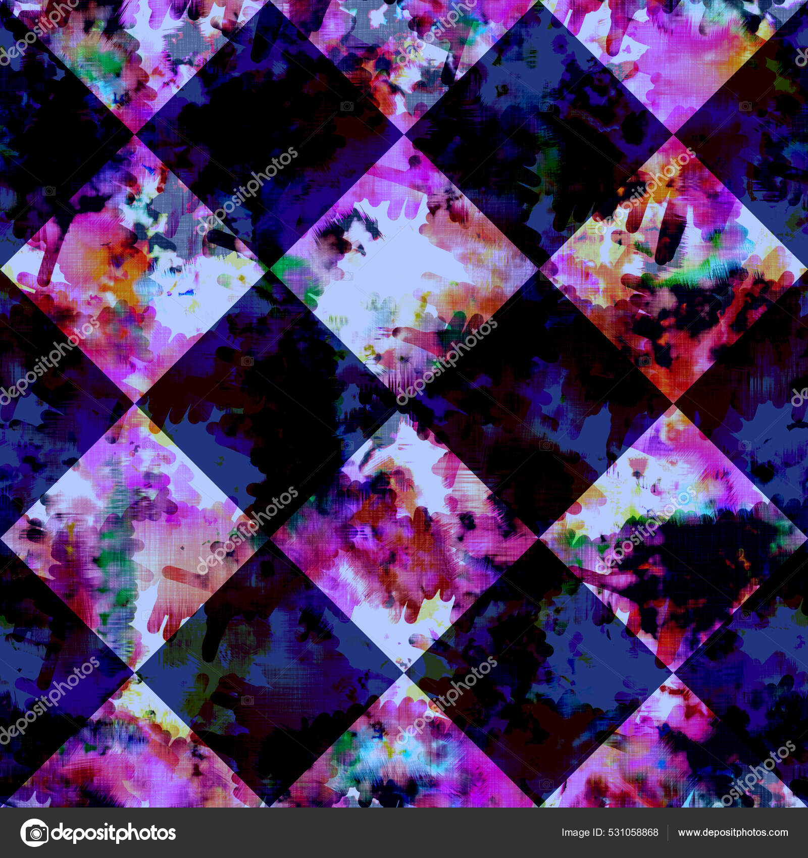 Checkerboard indigo blue tie dye batik beachwear pattern. Seamless navy stain check space dyed ...