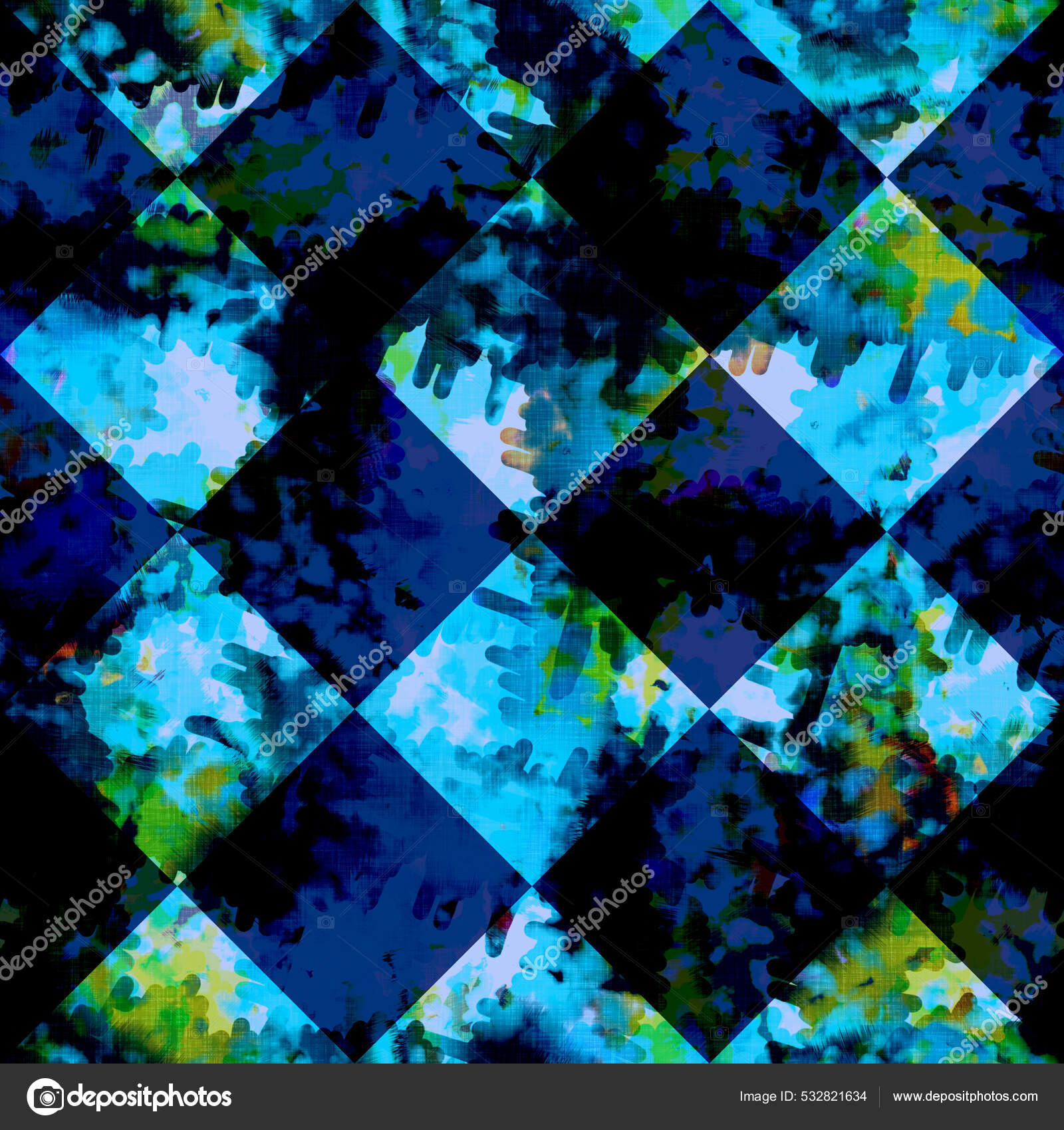 Checkerboard indigo blue tie dye batik beachwear pattern. Seamless navy ...