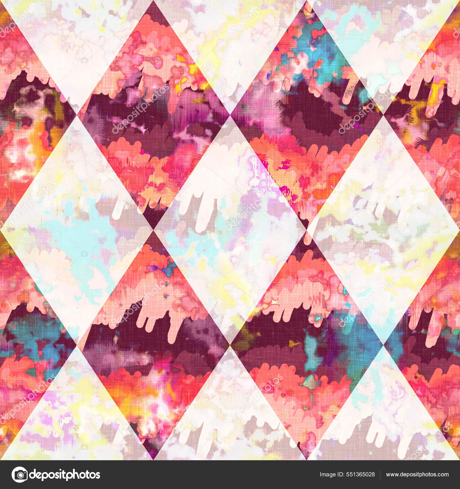 Diamond checkerboard summer tie dye batik beach wear pattern. Seamless ...