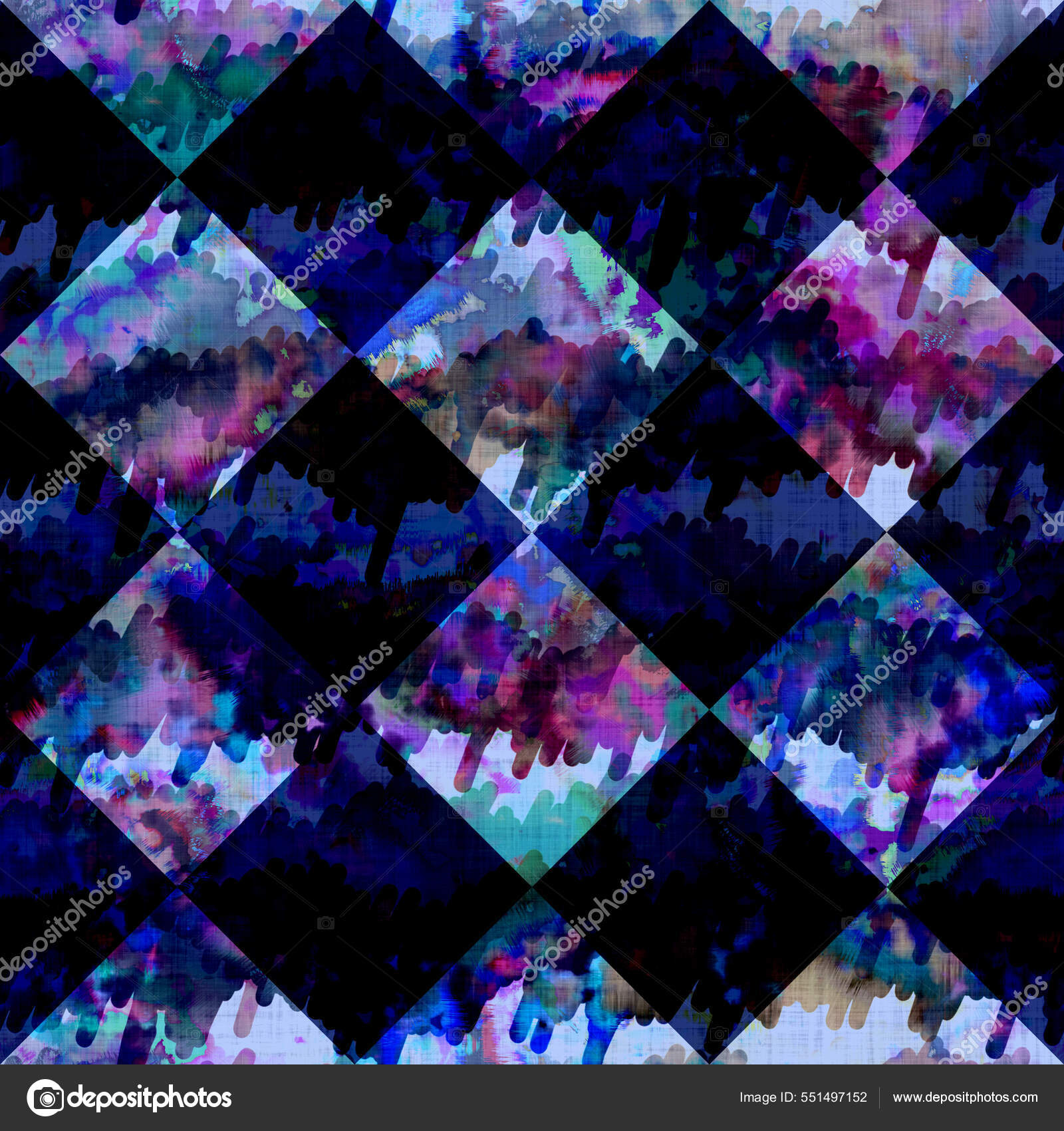 Checkerboard indigo blue tie dye batik beachwear pattern. Seamless navy ...