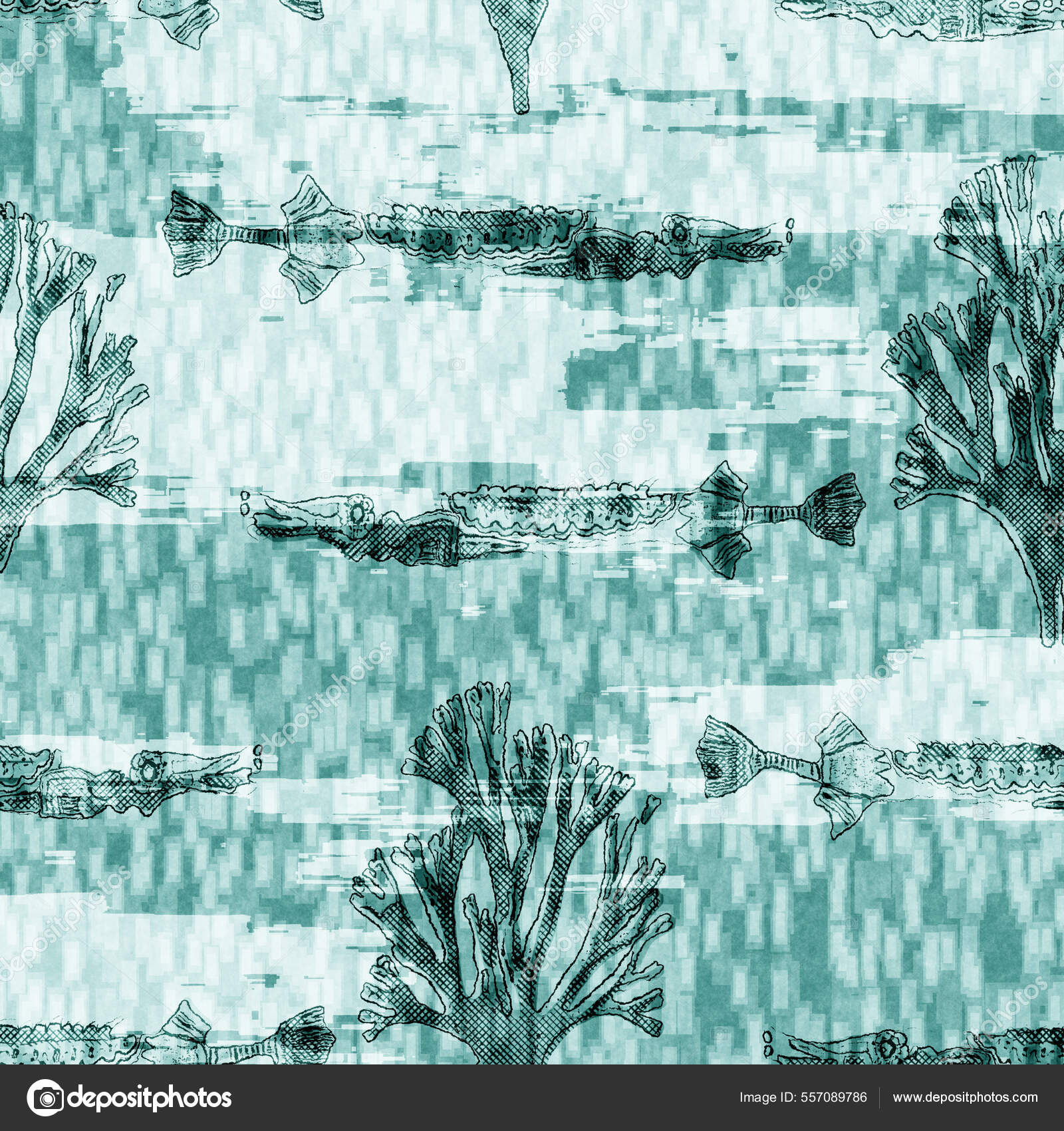 Aegean teal shoal of fish linen wash nautical background. Summer ...