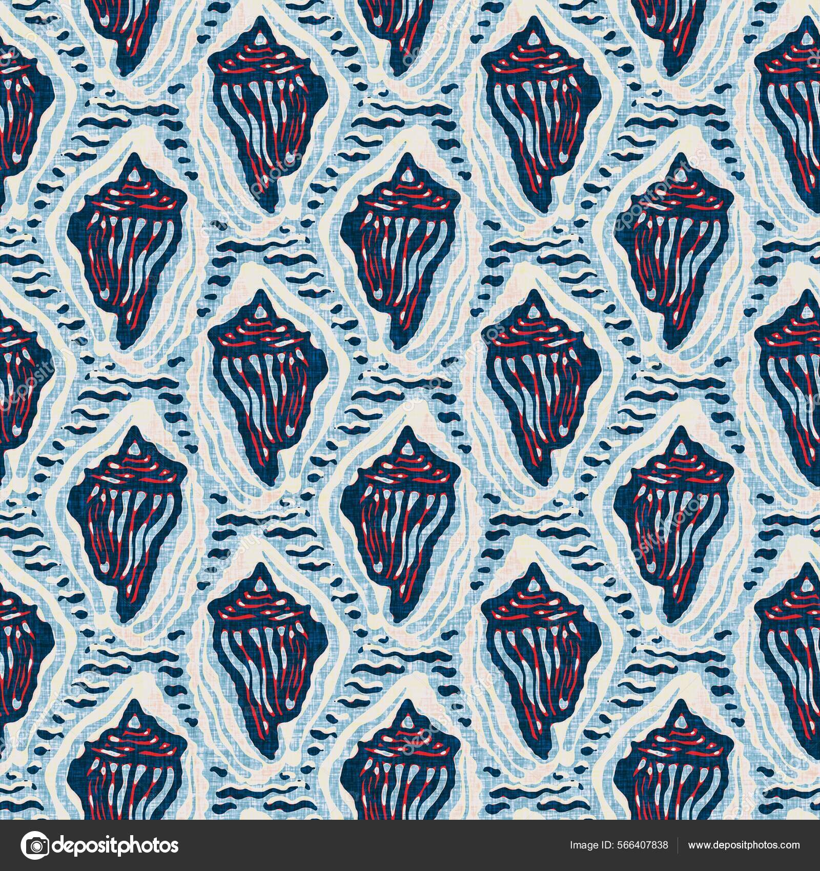 Indigo Blue Seashell nautical seamless pattern. Modern marine shell ...