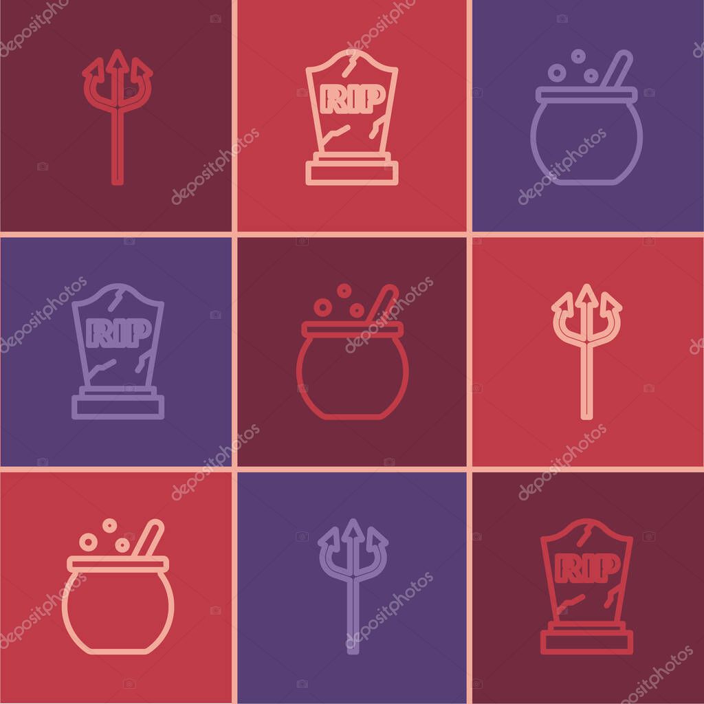 Establecer línea Trident diablo, caldero bruja de Halloween y lápida ...