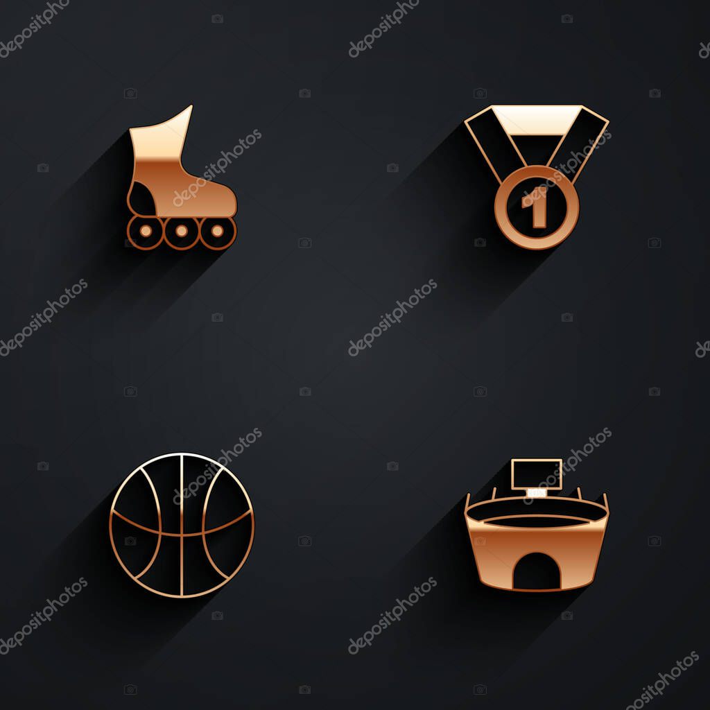 Set Patinaje sobre patines, medalla, pelota de baloncesto e icono del ...