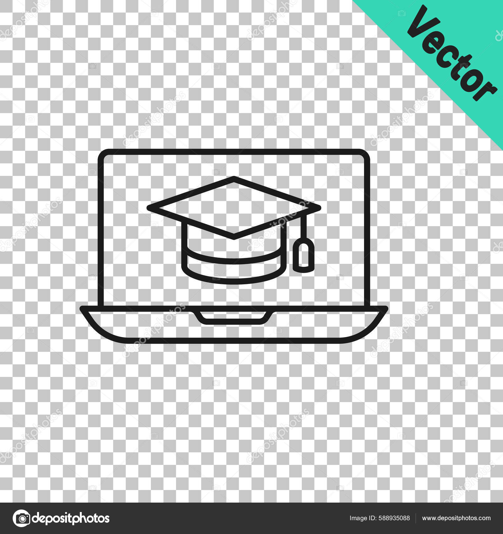Black Line Graduation Cap Screen Laptop Icon Isolated Transparent ...
