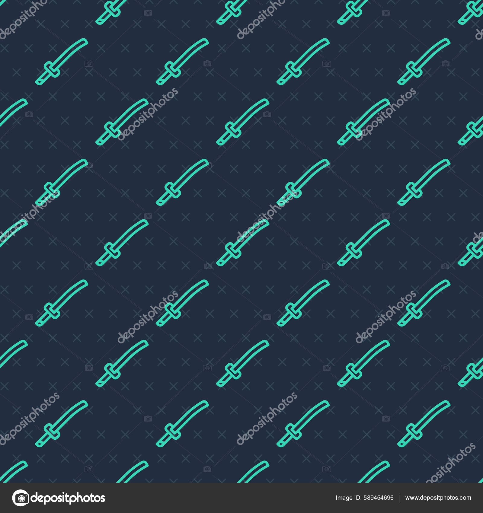 Green Line Traditional Japanese Katana Icon Isolated Seamless Pattern ...