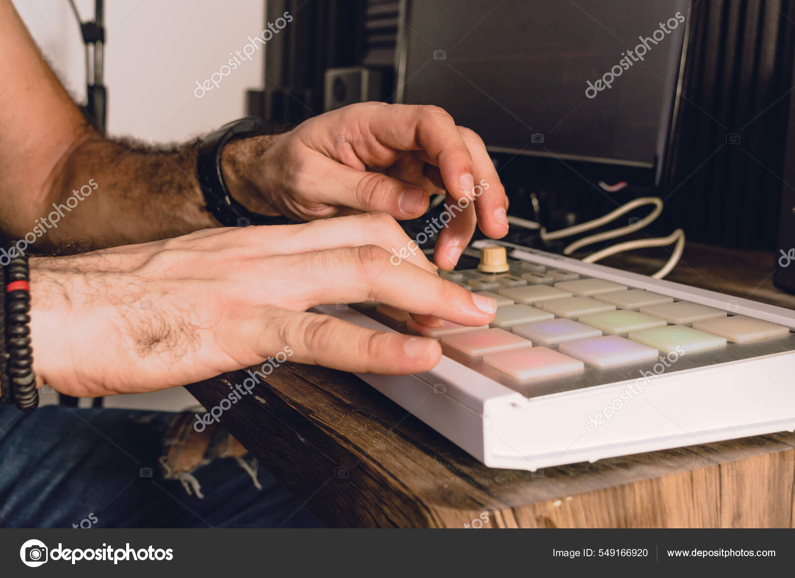 Caucasian Hands Using Midi Controller Home Studio Making Urban Music ...