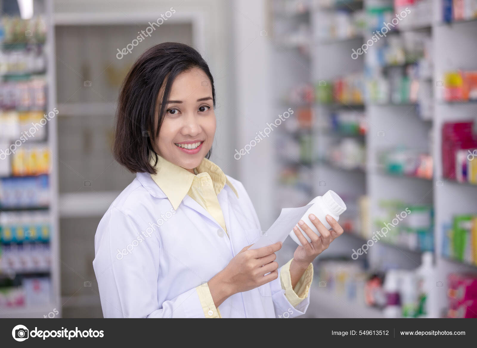 Female Pharmacies Checking Current Drugs Shelves Store Women Asian Girl ...