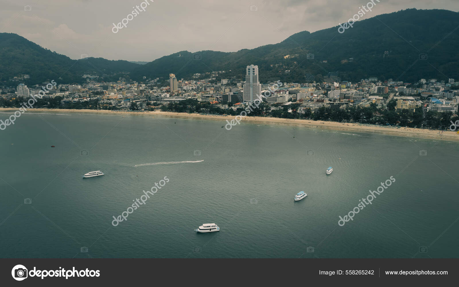 Aerial View Ferries Float Sea City Mountain Background Phuket Thailand ...