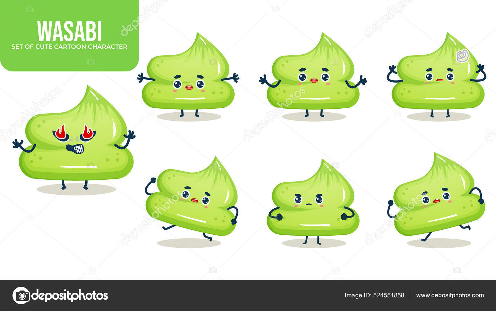 Set Cute Wasabi Cartoon Character Different Poses Premium Vector Stock ...