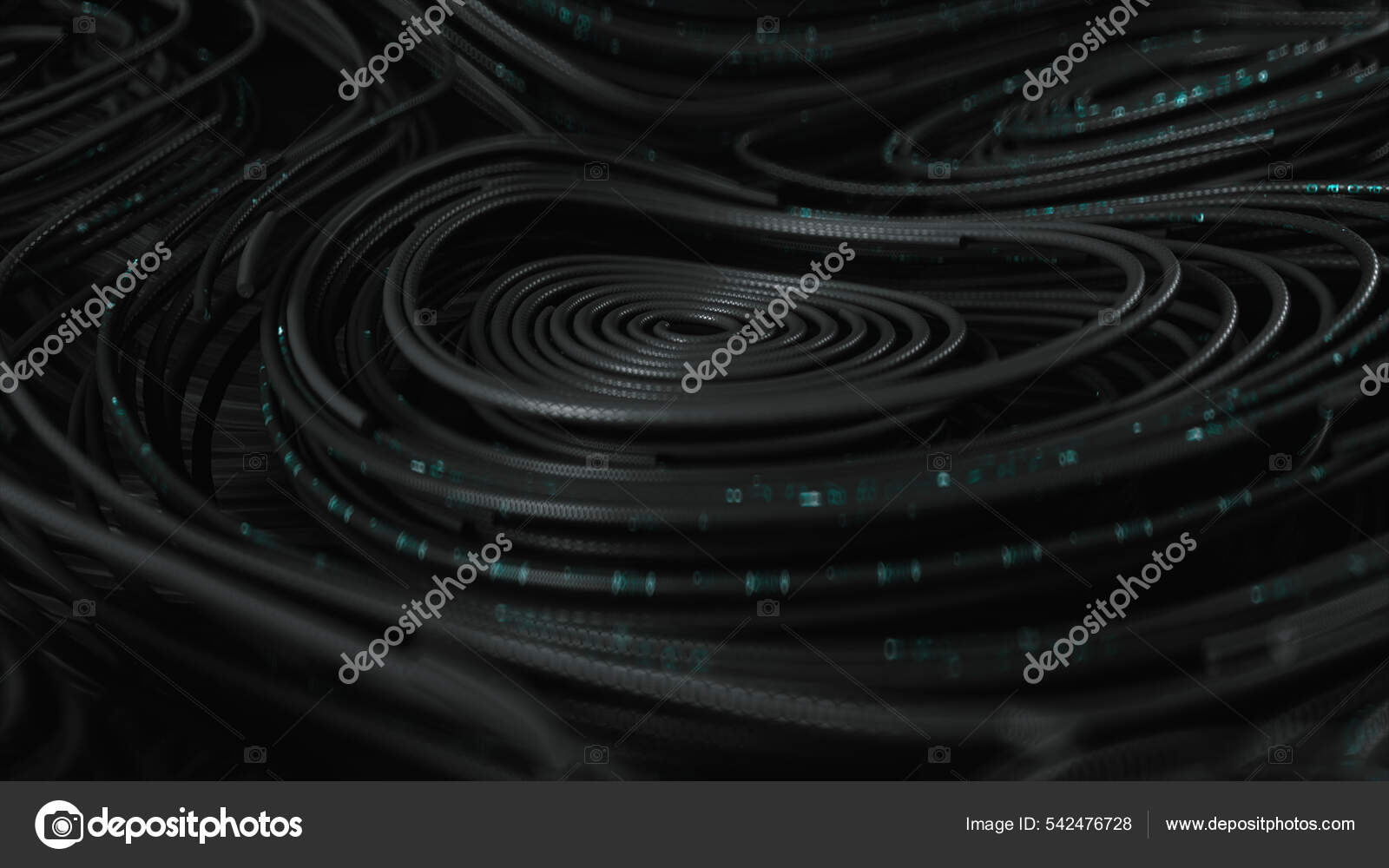 3d render Black topographic circular lines with running matrix code ...