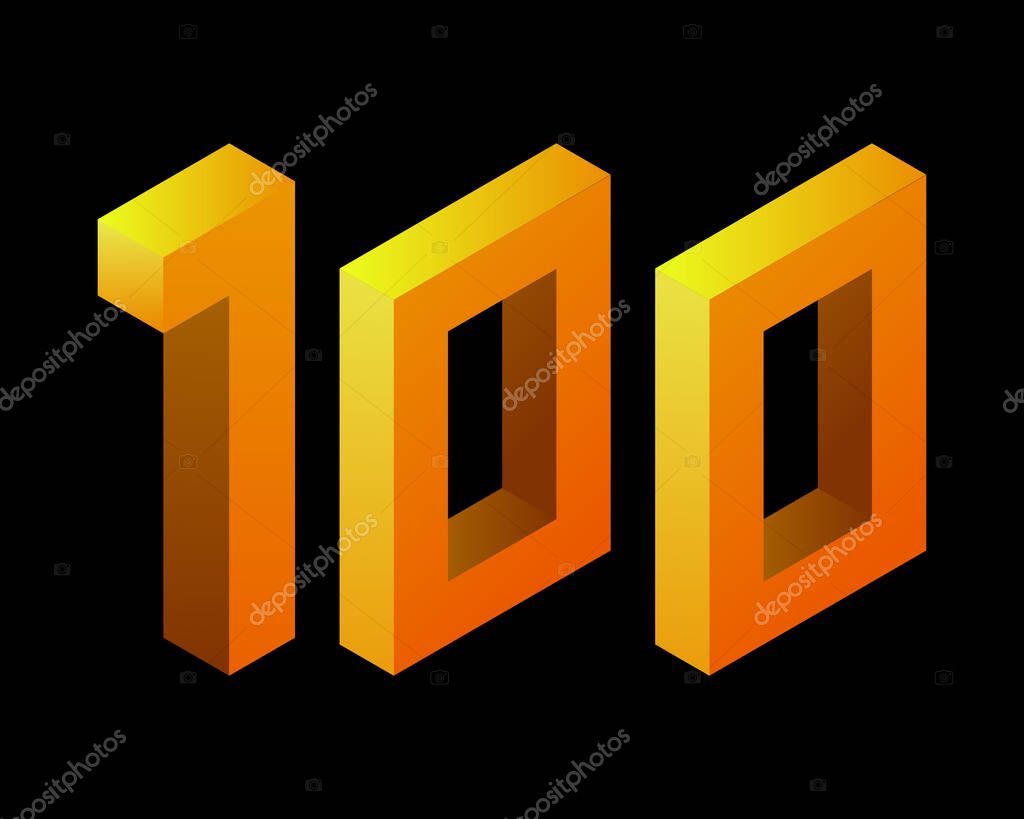 Gradiente dorado número 100 en estilo isométrico. Figura amarilla ...
