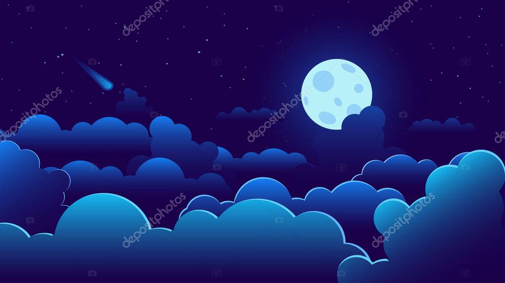 Ilustración plana con luna azul, nubes y un cometa. La luna está ...