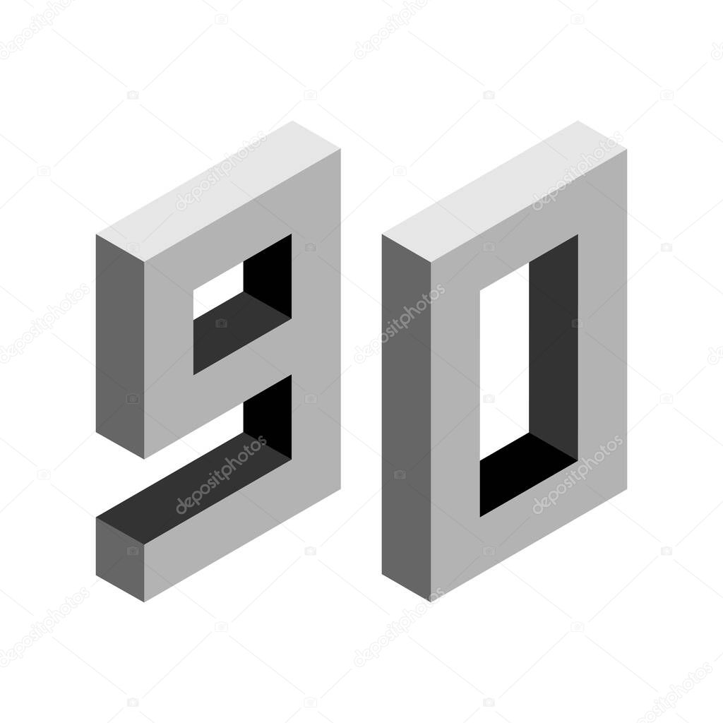 Gris número 90 en estilo isométrico. Aislado sobre fondo blanco ...