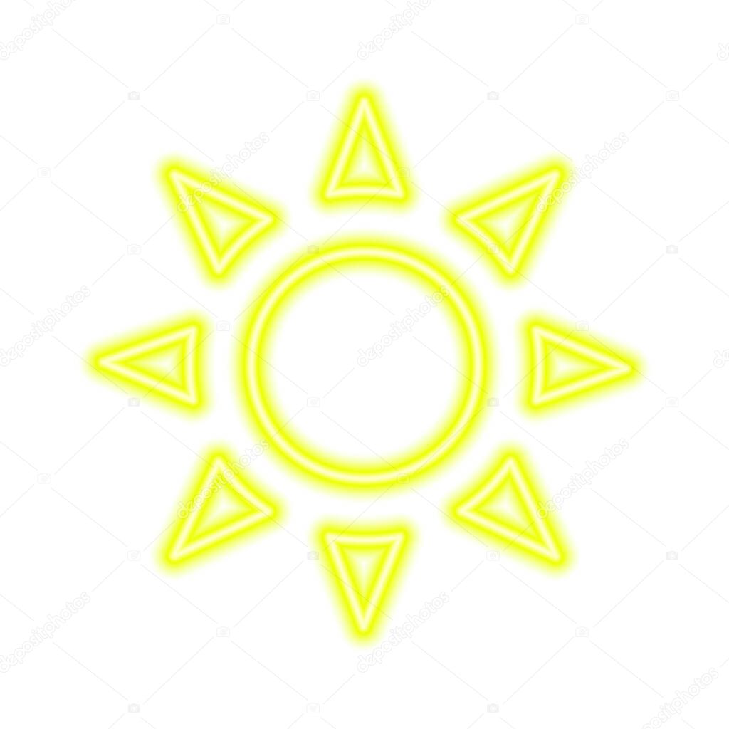 Signo de neón amarillo del sol o una flor con un núcleo grande y ...