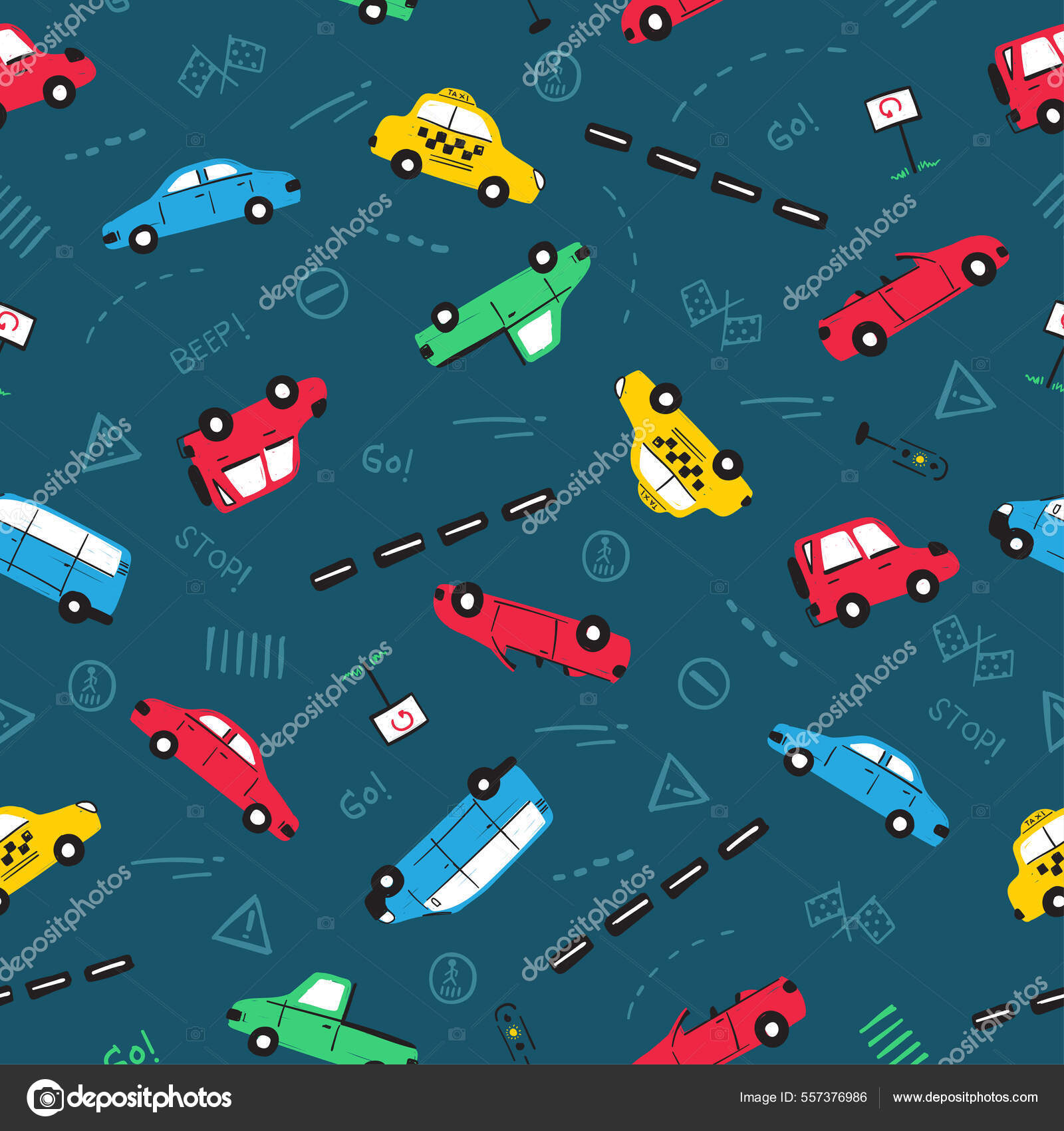 Various Cars Type Traffic Signs Cartoon Vector Seamless Pattern Stock ...