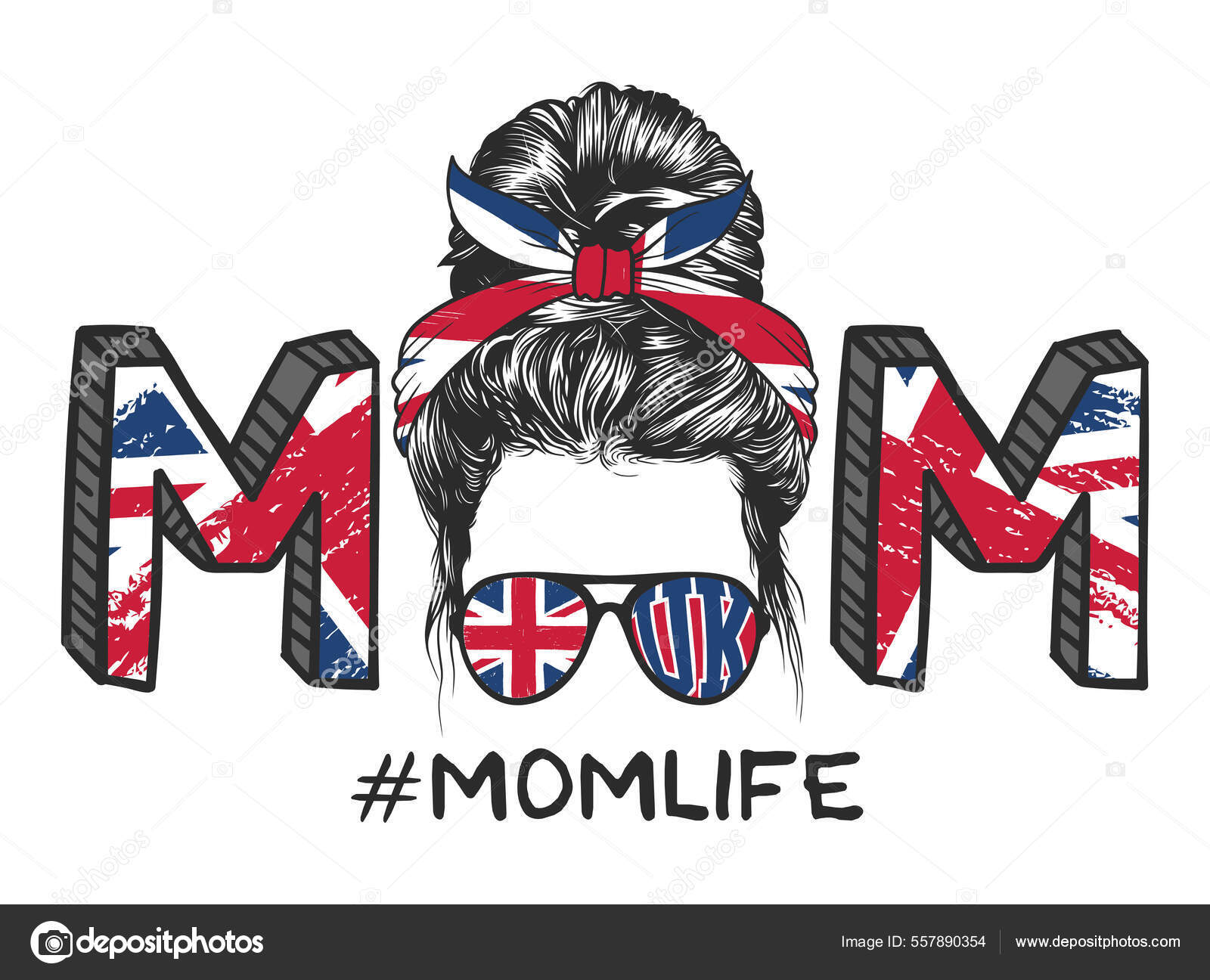Mom Life Messy Bun Hairstyles Wearing United Kingdom Flag Sunglasses ...