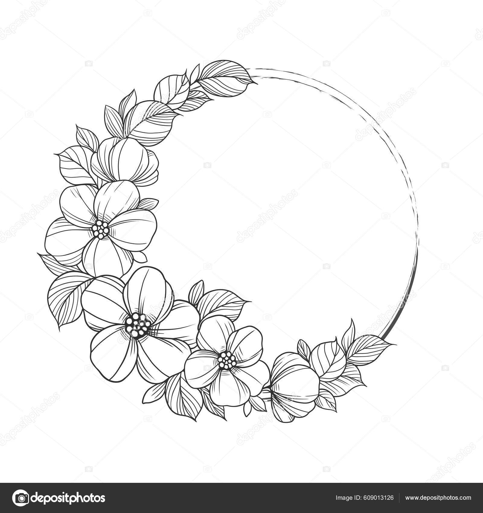 Flower Frame Outline Double Floral Circle Border Botanical Line Art ...
