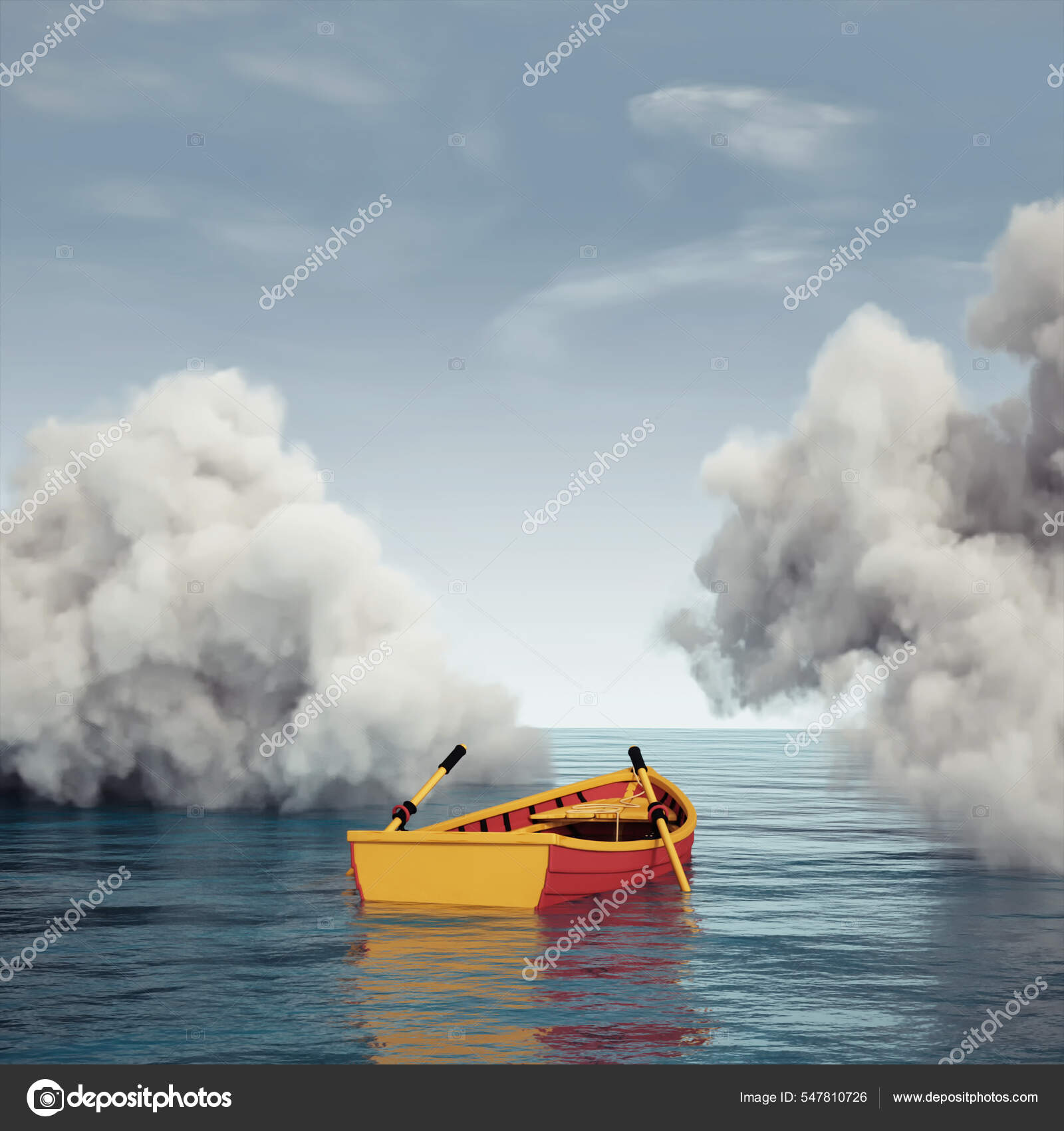 Empty Boat Ocean Navigating Clouds Dreaming Destination Concept Render ... Empty Boat Ocean Navigating Clouds Dreaming Destination Concept Render ...