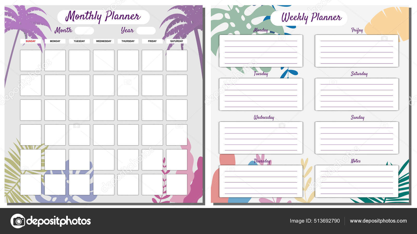 Daily, Weekly, Planner Set template vector. Palms floral decoration ...