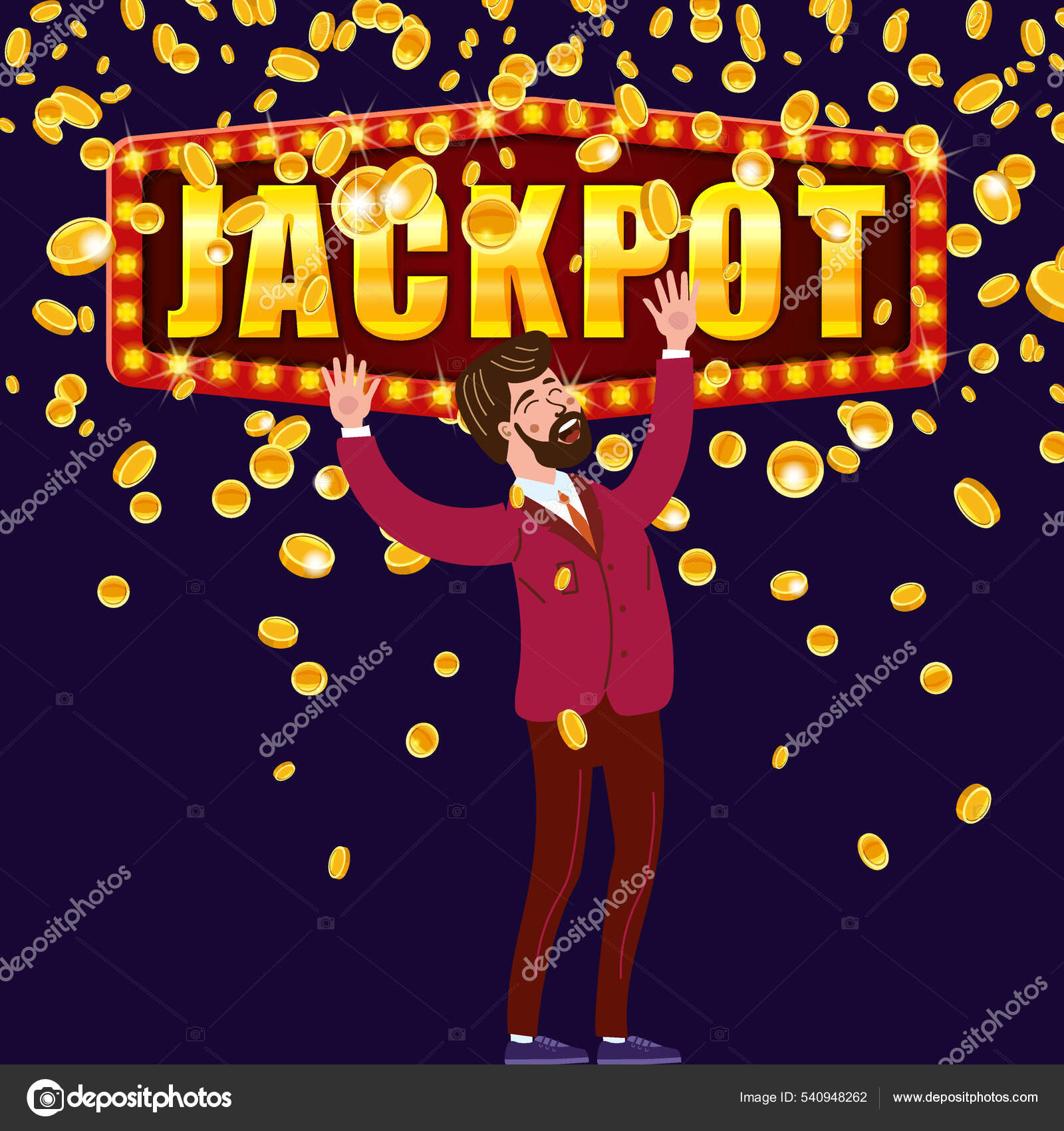 Jackpot banner Happy man falling money gold coins rain. Winner lottery ...