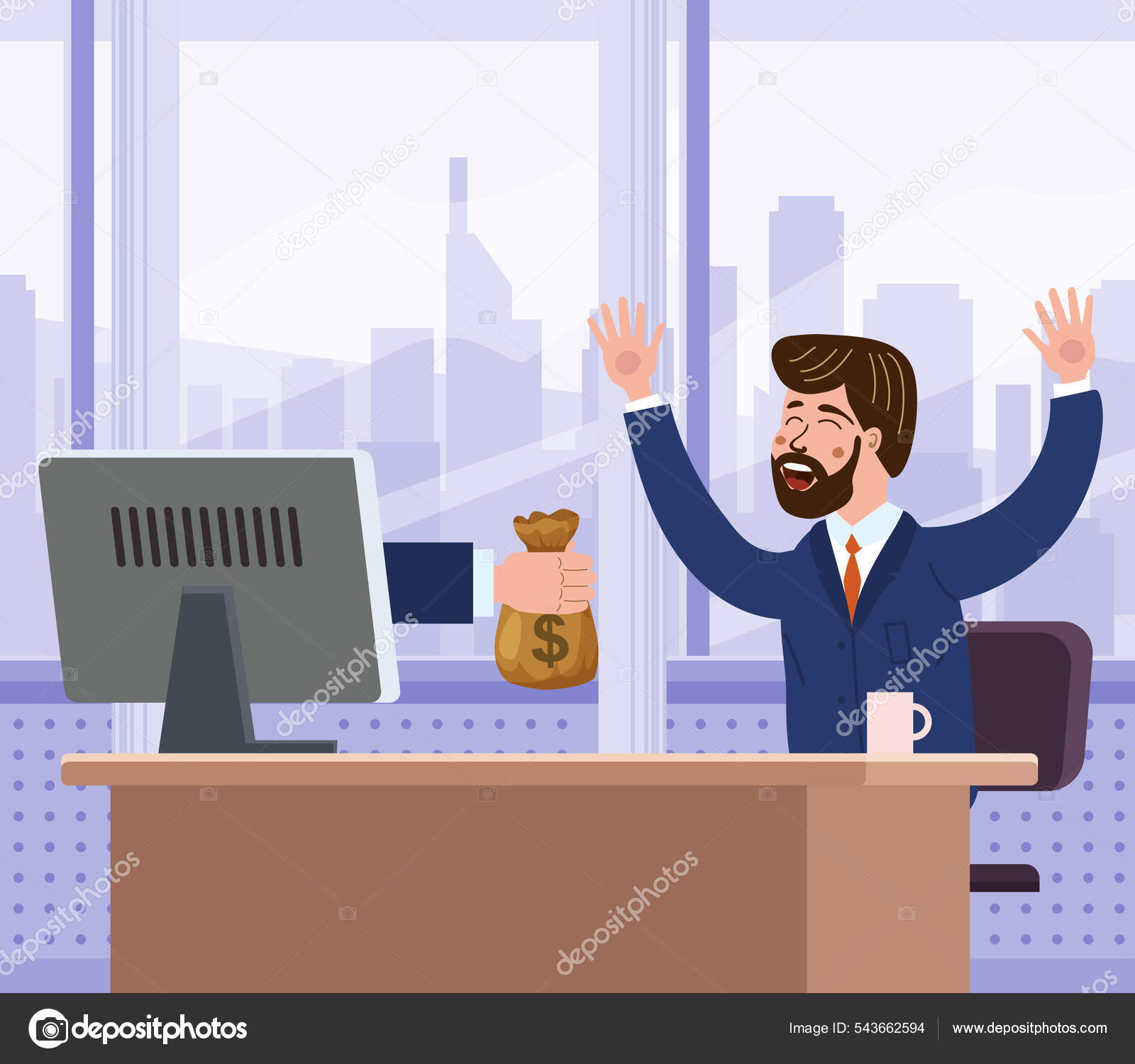 Successful joyful businessman receives a bag of money from the computer ...