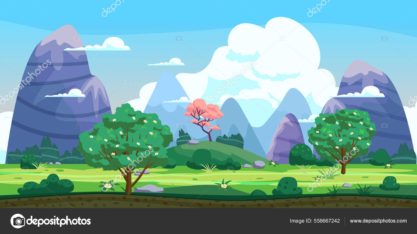 Fantasy landscape, green hills, trees, spring, mountains, panorama. Vector cartoon background ...