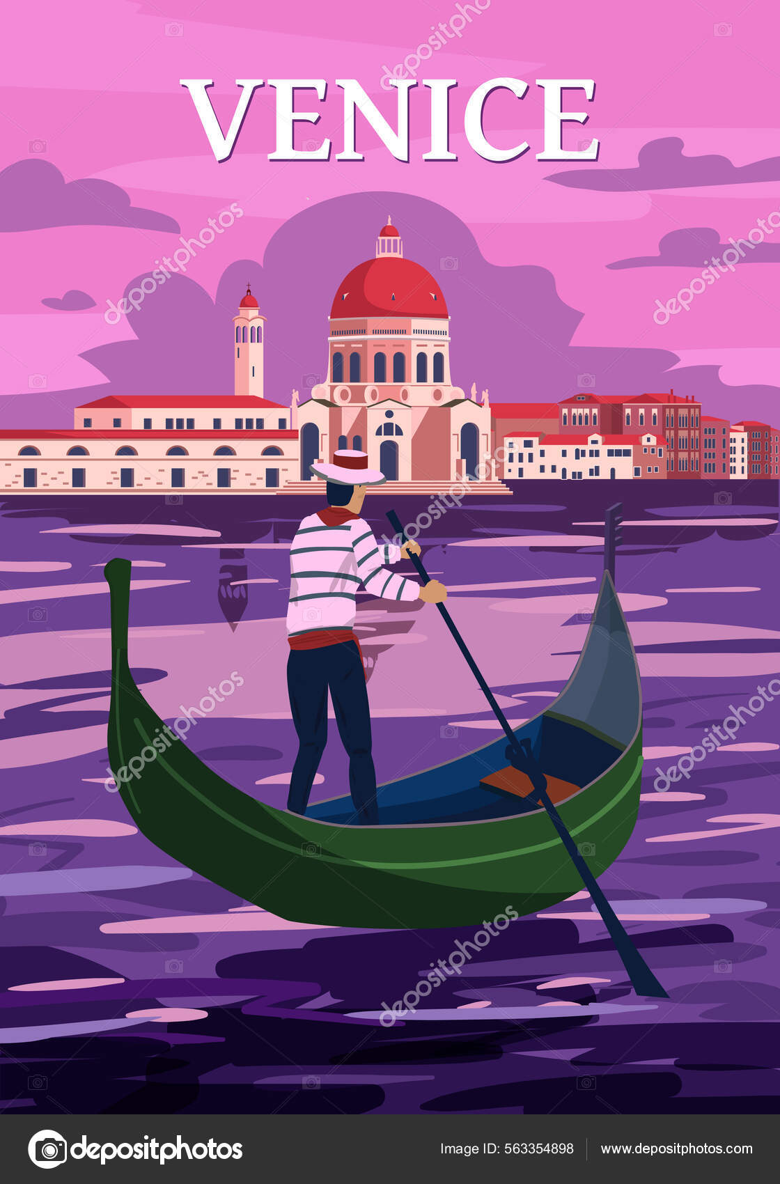 Venice Italia Poster retro style. Grand Canal, gondolier, architecture ...