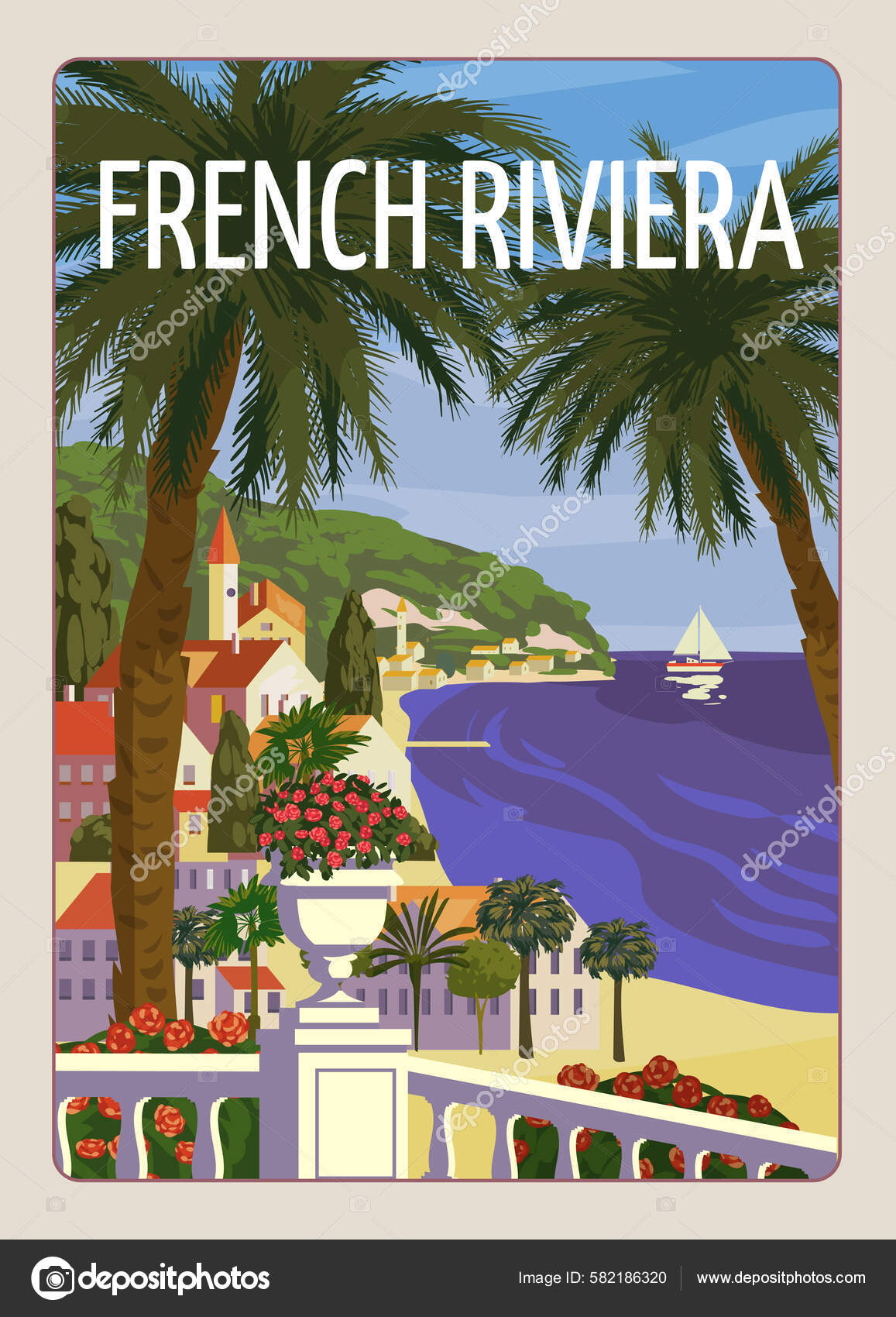 French Riviera Nice Coast Poster Vintage Resort Coast Sea Beach Stock ...