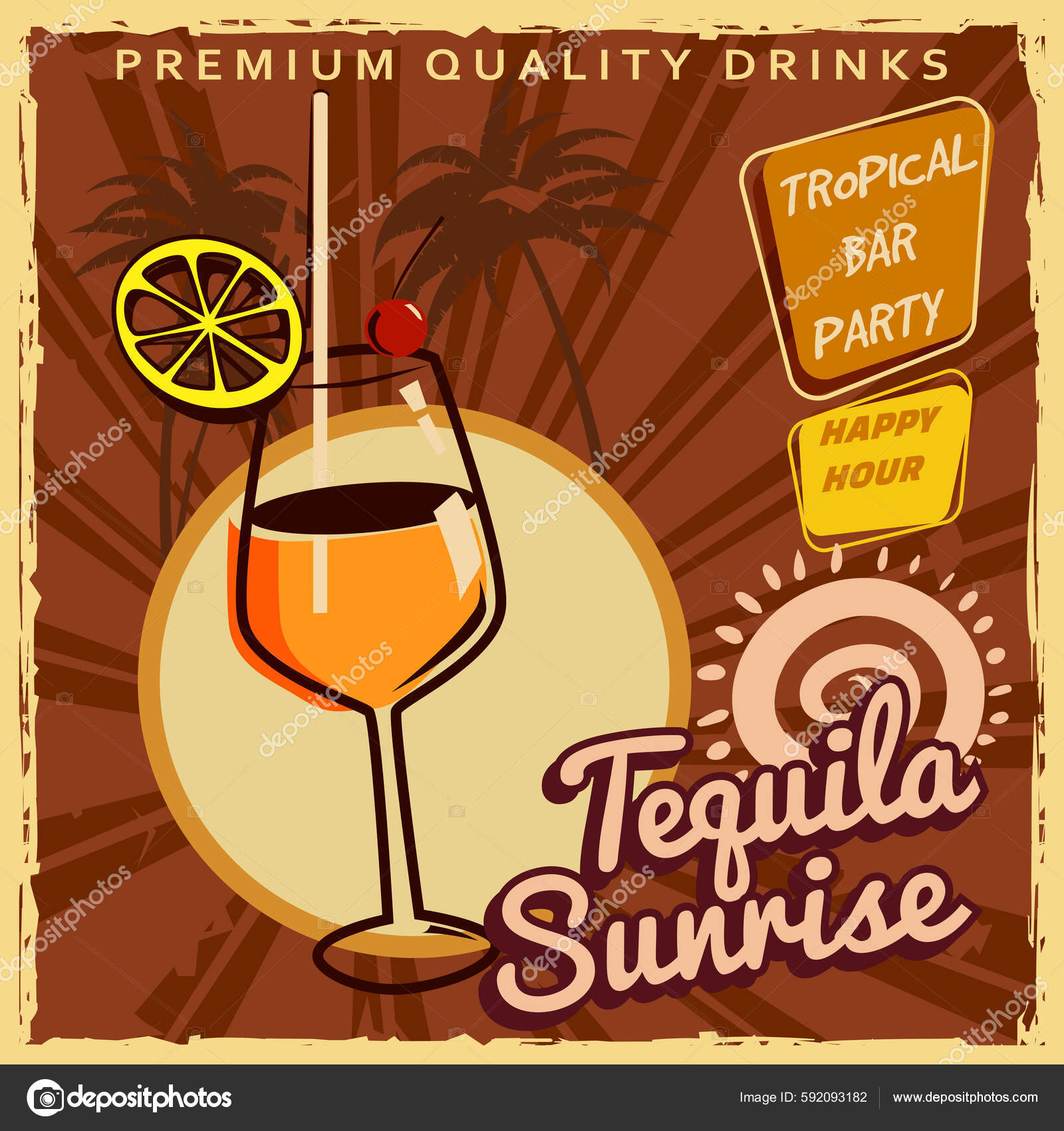 Tequila Sunrise Retro Poster Design Cocktail Lounge Vintage Background ...