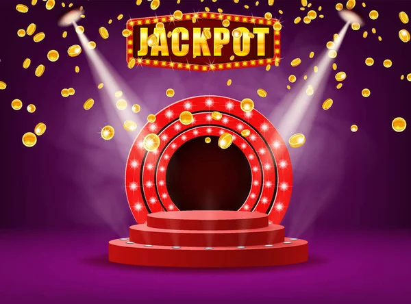 Jackpot banner Happy man falling money gold coins rain. Winner lottery ...