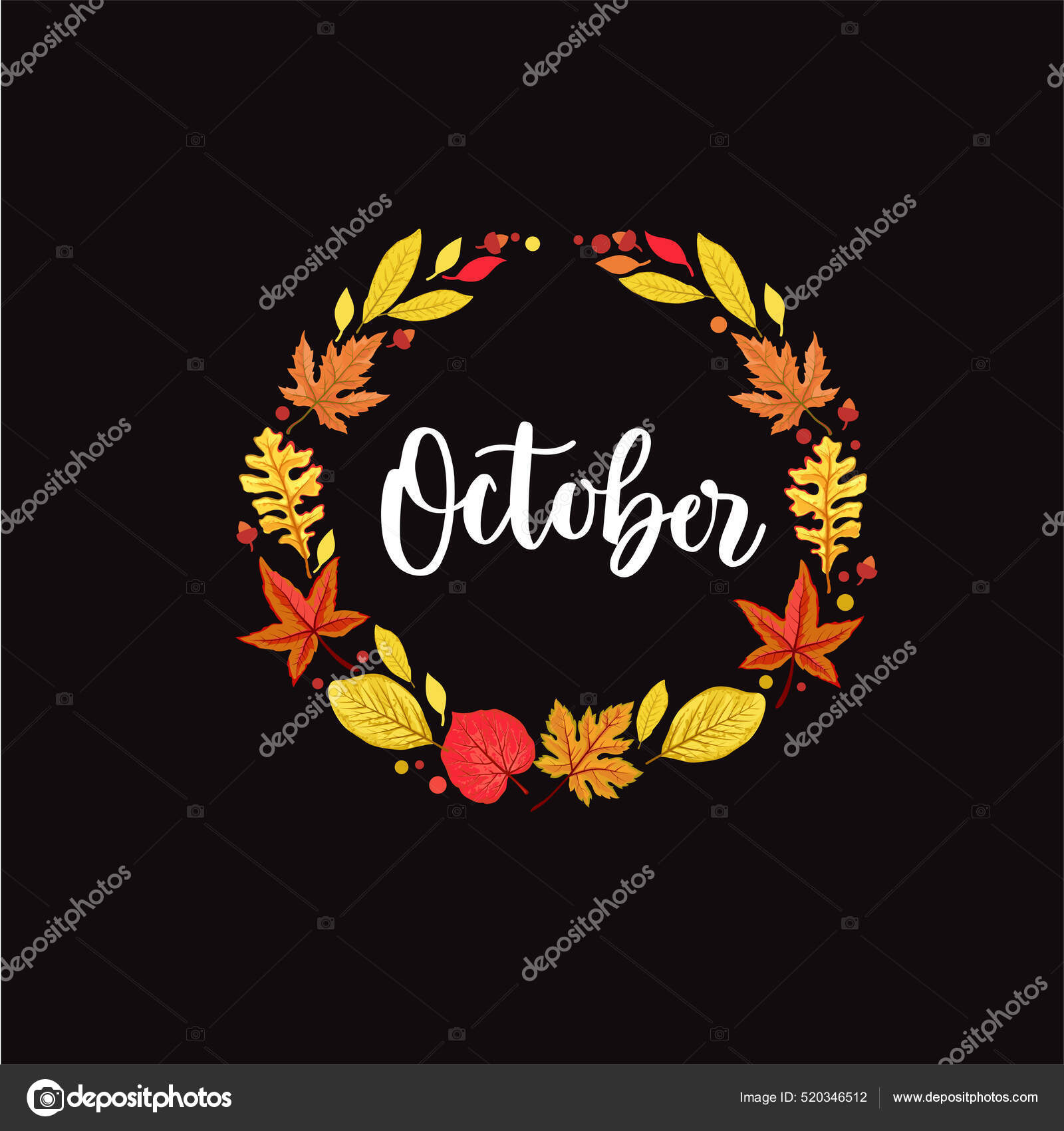 October Handwritten Lettering Vector Text Wreath Autumn Leaves Stock ...