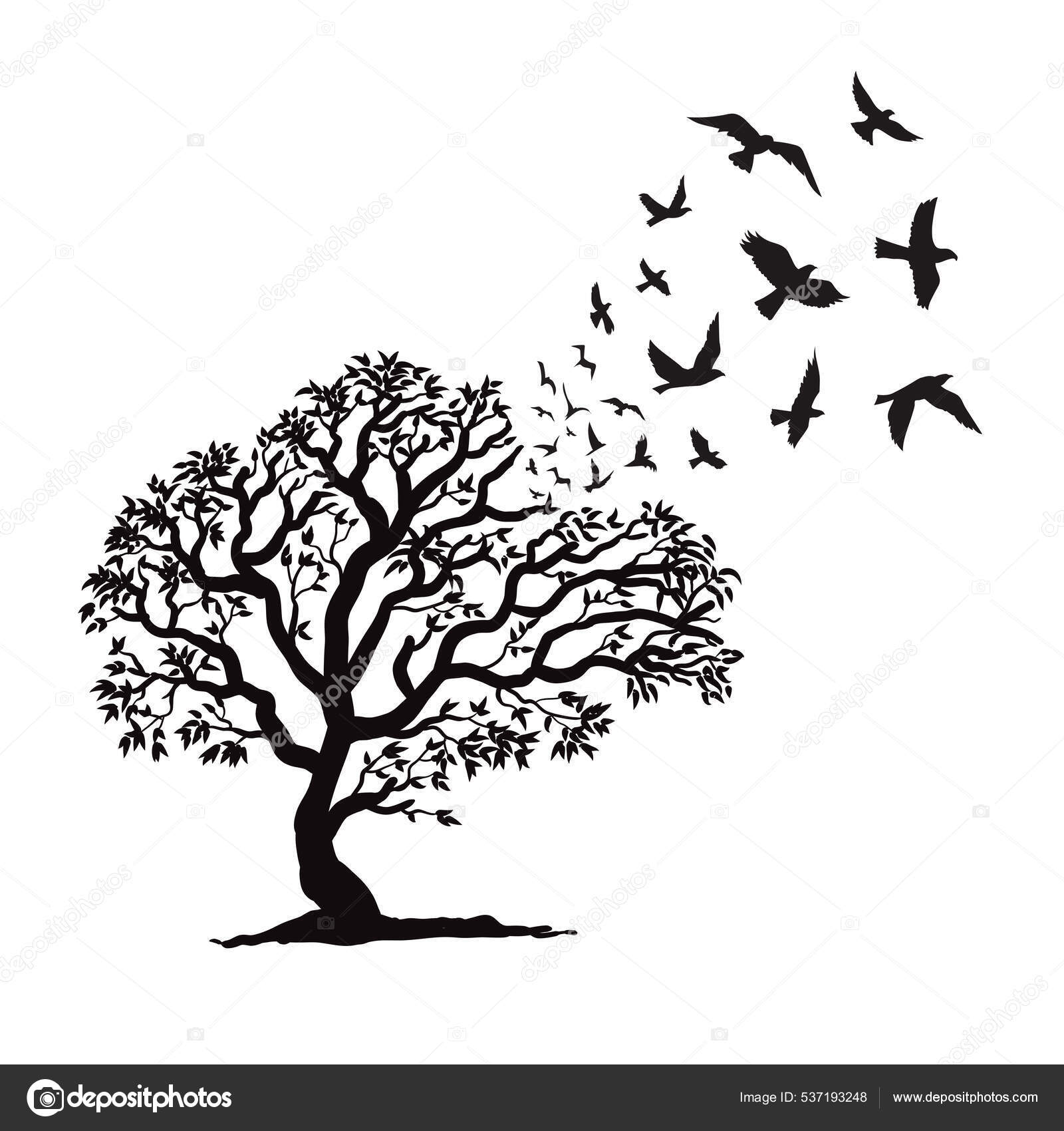 Tree Silhouette Bird Flying Vector Illustration Stock Vector by ...
