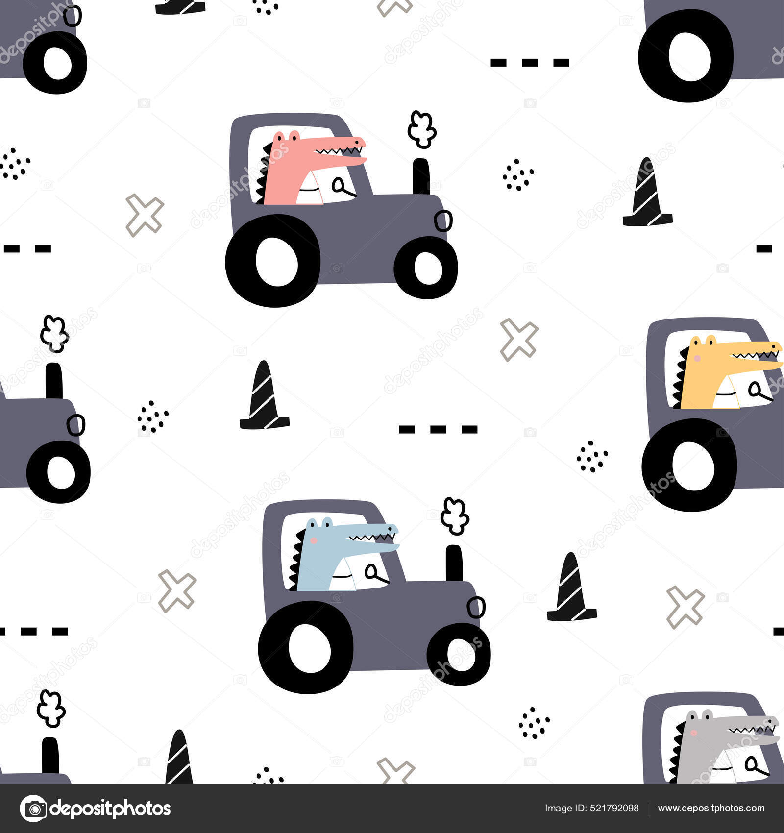Hand Drawn Tractor Seamless Pattern Vector Tractor Alligator White ...
