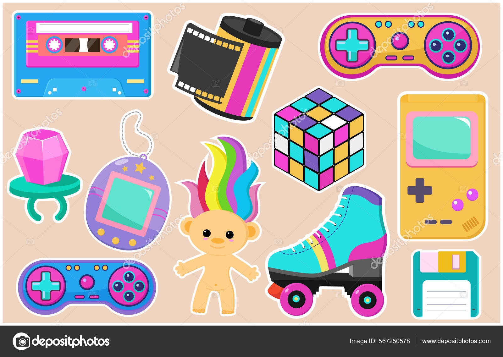 Collection Colorful Stickers 90S Style Items 80S 90S Retro Badges Stock ...