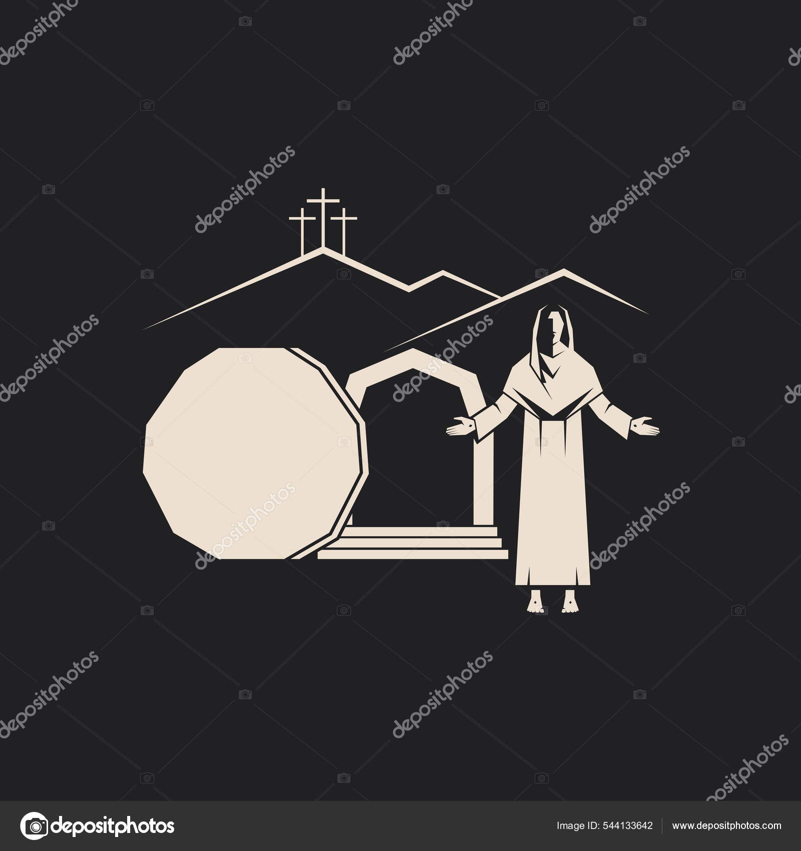 Resurrected Jesus Christ Empty Tomb Rolled Stone Three Crosses Golgotha ... Resurrected Jesus Christ Empty Tomb Rolled Stone Three Crosses Golgotha ...