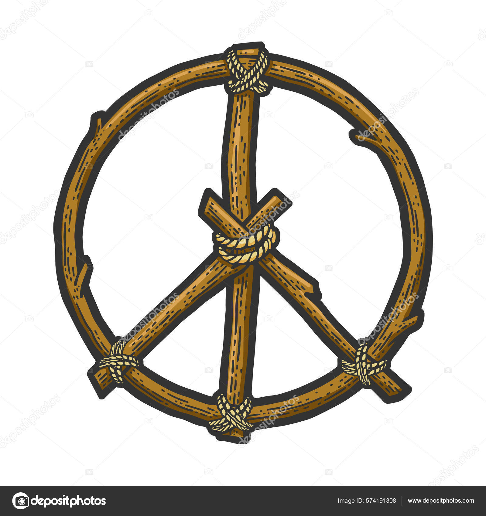 Peace Symbol Made Wood Tree Line Art Color Sketch Engraving Stock ...