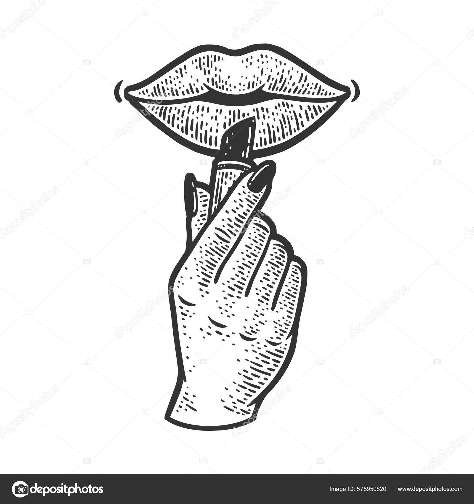 Girl Paints Her Lips Lipstick Doing Makeup Sketch Engraving Raster ...
