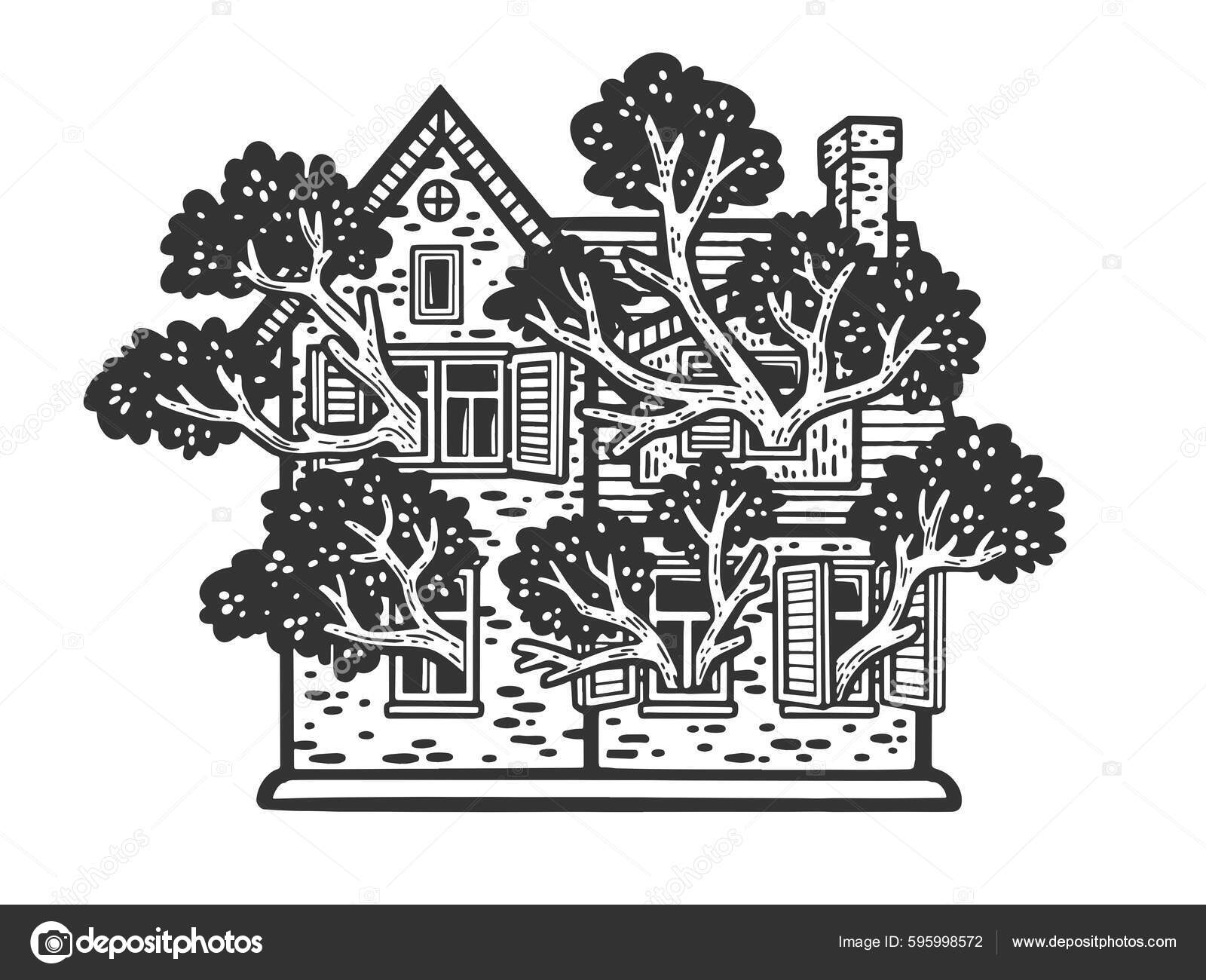 Tree Grows House Branches Windows Sketch Engraving Raster Illustration ...