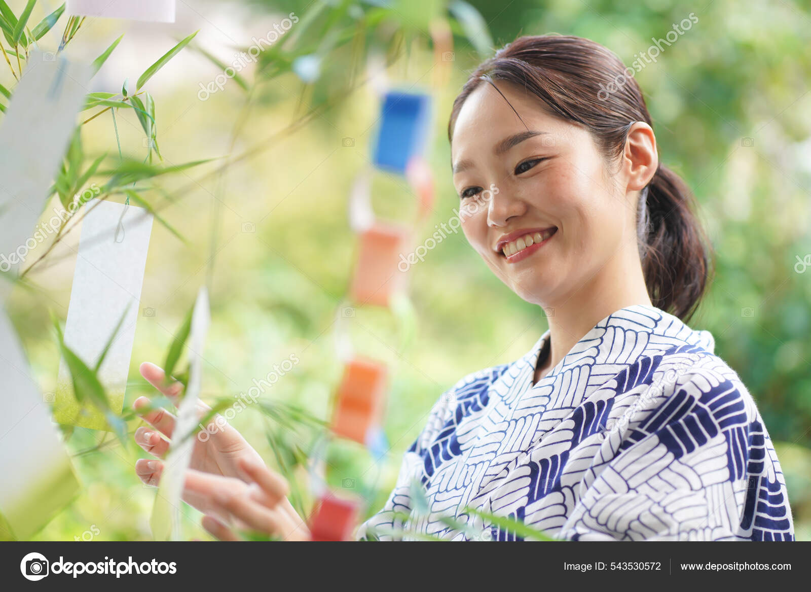 Beautiful Japanese Woman Decorating Tree Tanzaku Hanging Tanabata ...