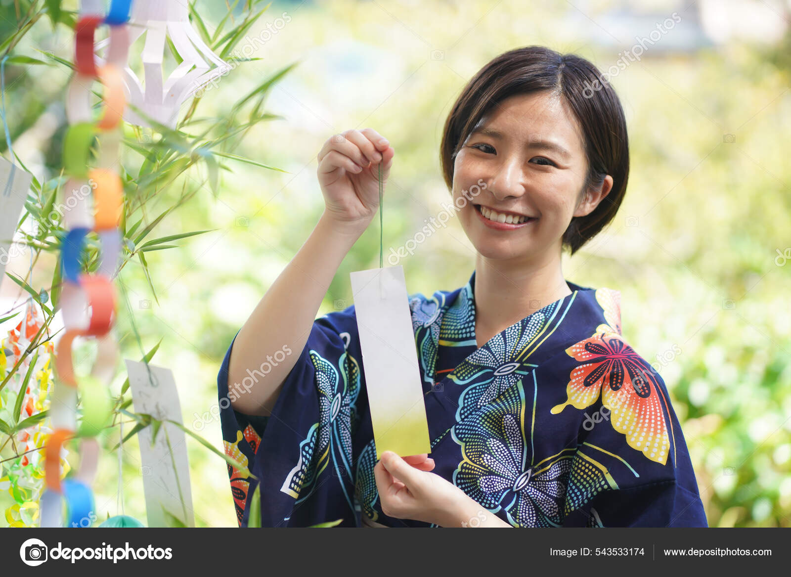 Beautiful Japanese Women Decorating Tree Tanzaku Hanging Tanabata ...