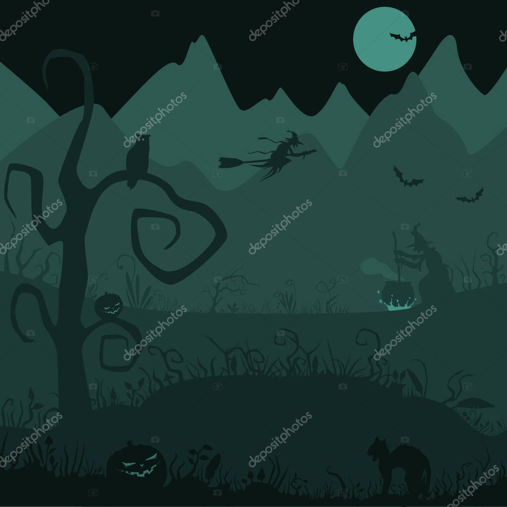Imagen vectorial de brujas, murciélagos, calabazas, un gato y un búho ...