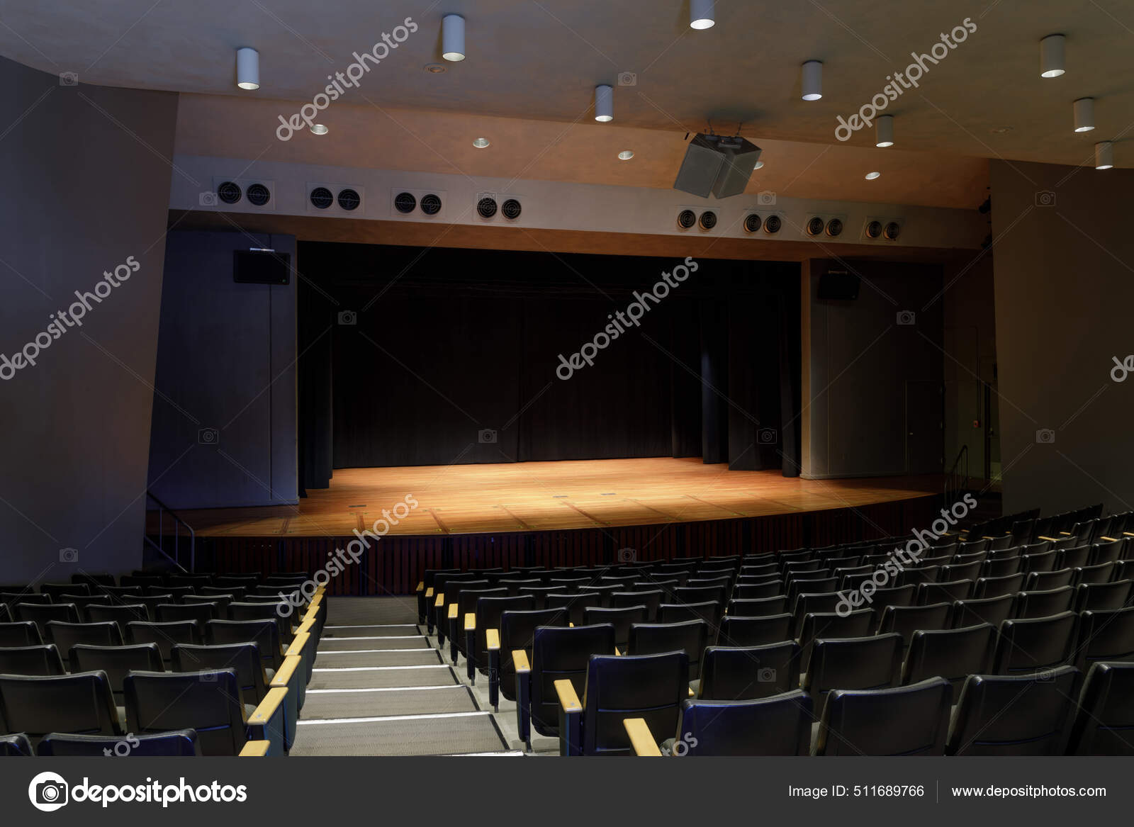 Empty Stage Auditorium Lit Stage Black Curtain — Stock Photo © yhelfman ...
