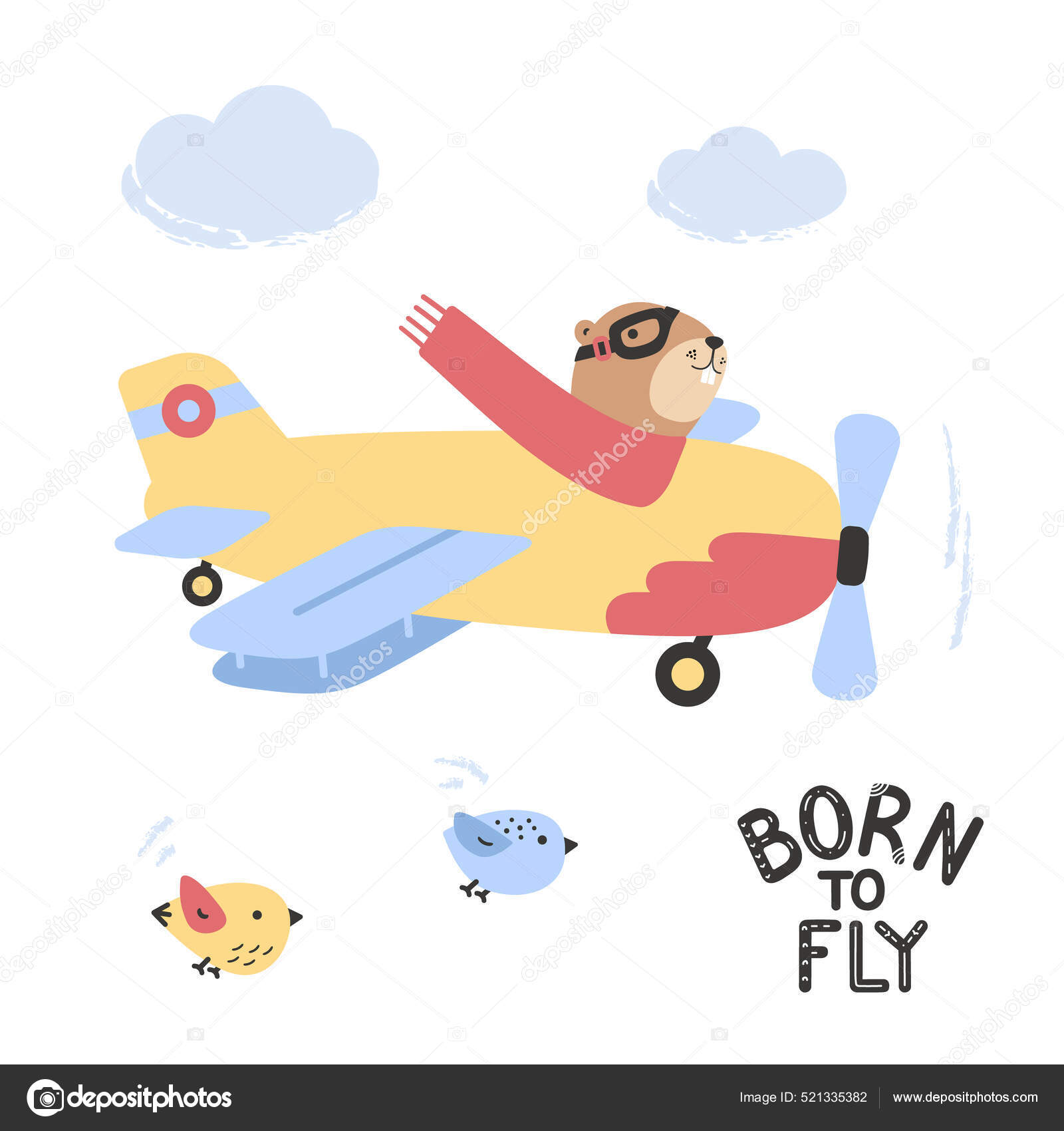 Cute Cartoon Style Beaver Retro Airplane Little Birds Clouds Tellering ...