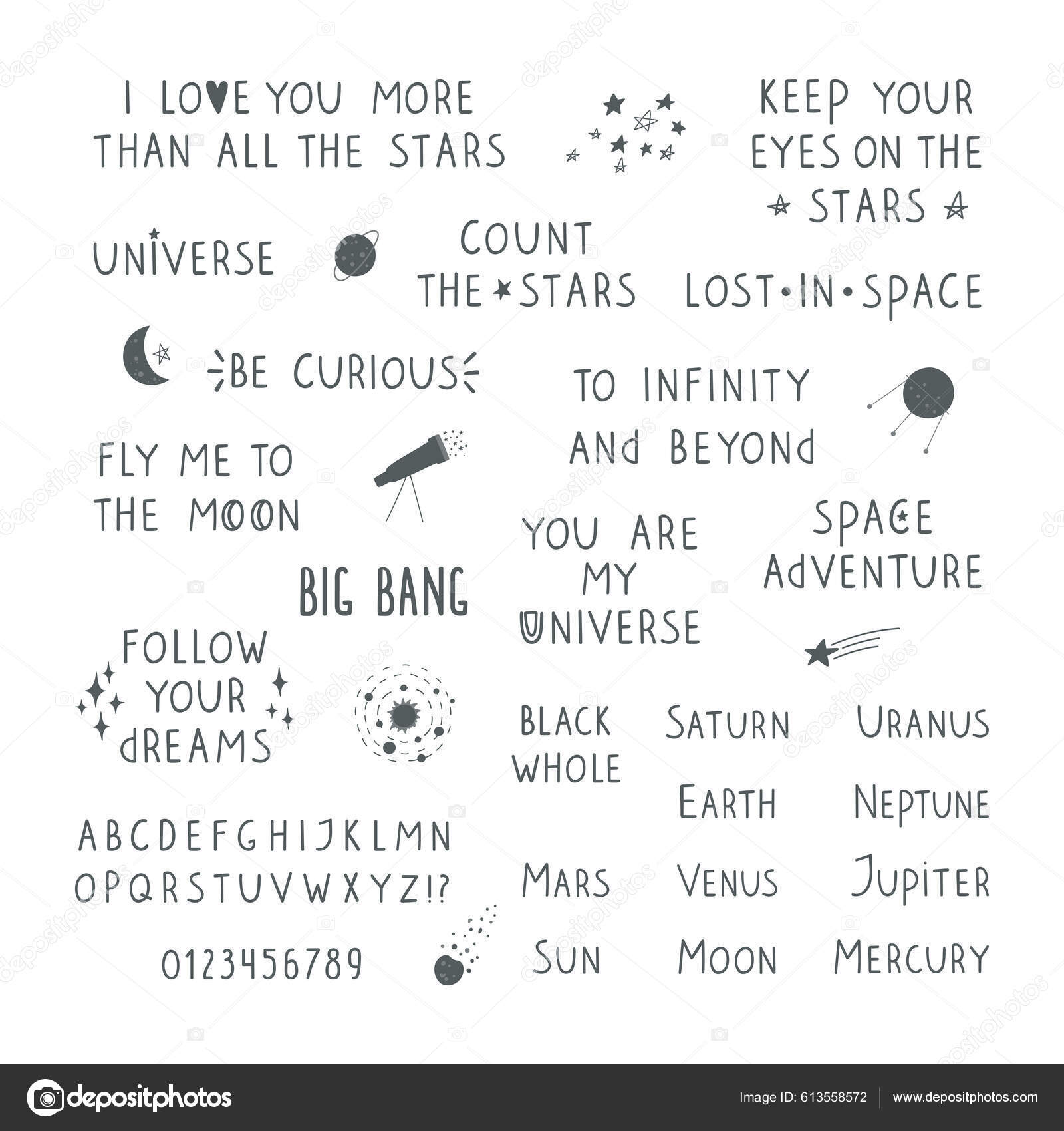 Lettering Set Space Names Planets Cosmic Quotes Hand Drawn Alphabet ...