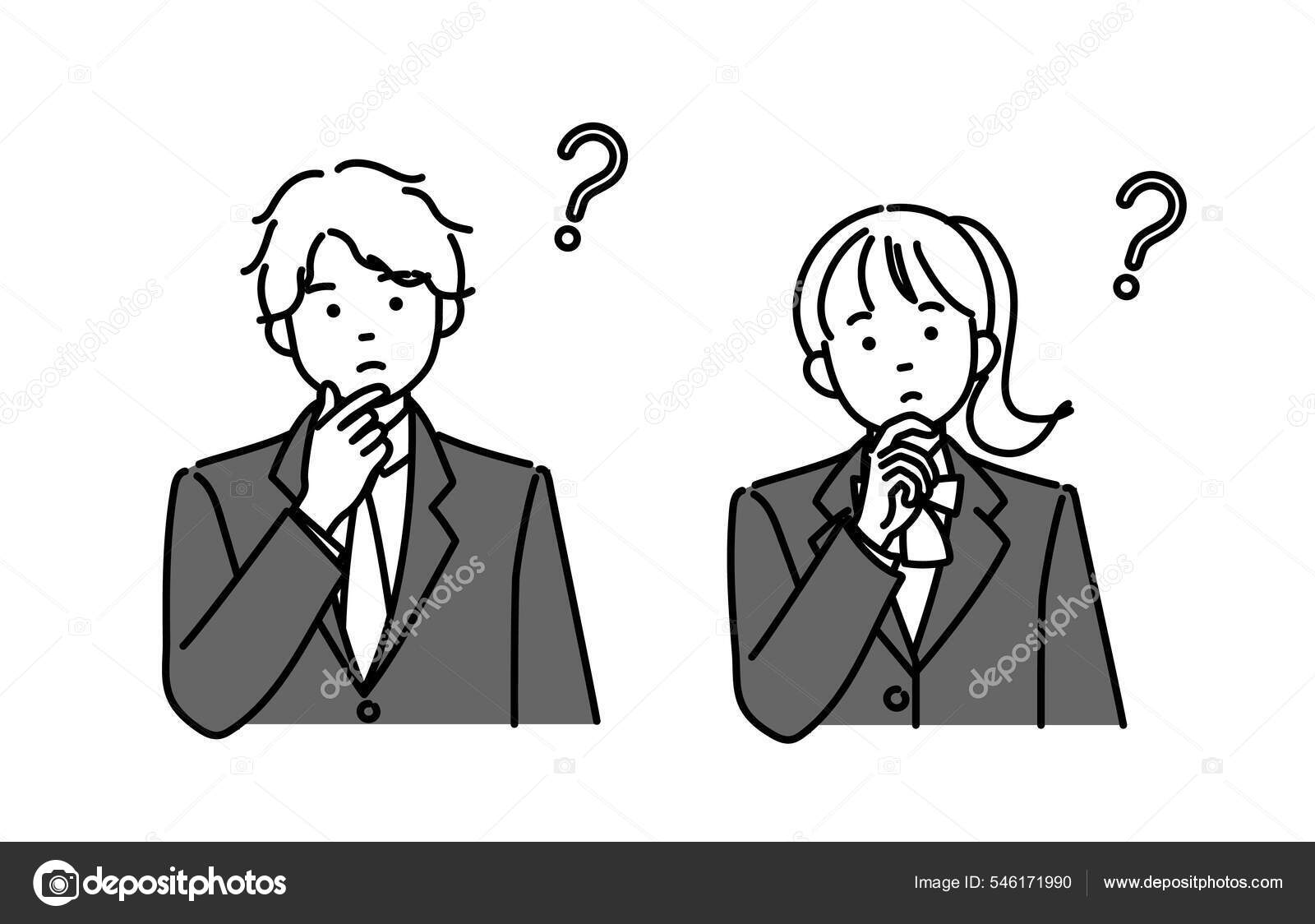 Monochrom Illustration Set Male Female Students Thinking Hands Chins ...