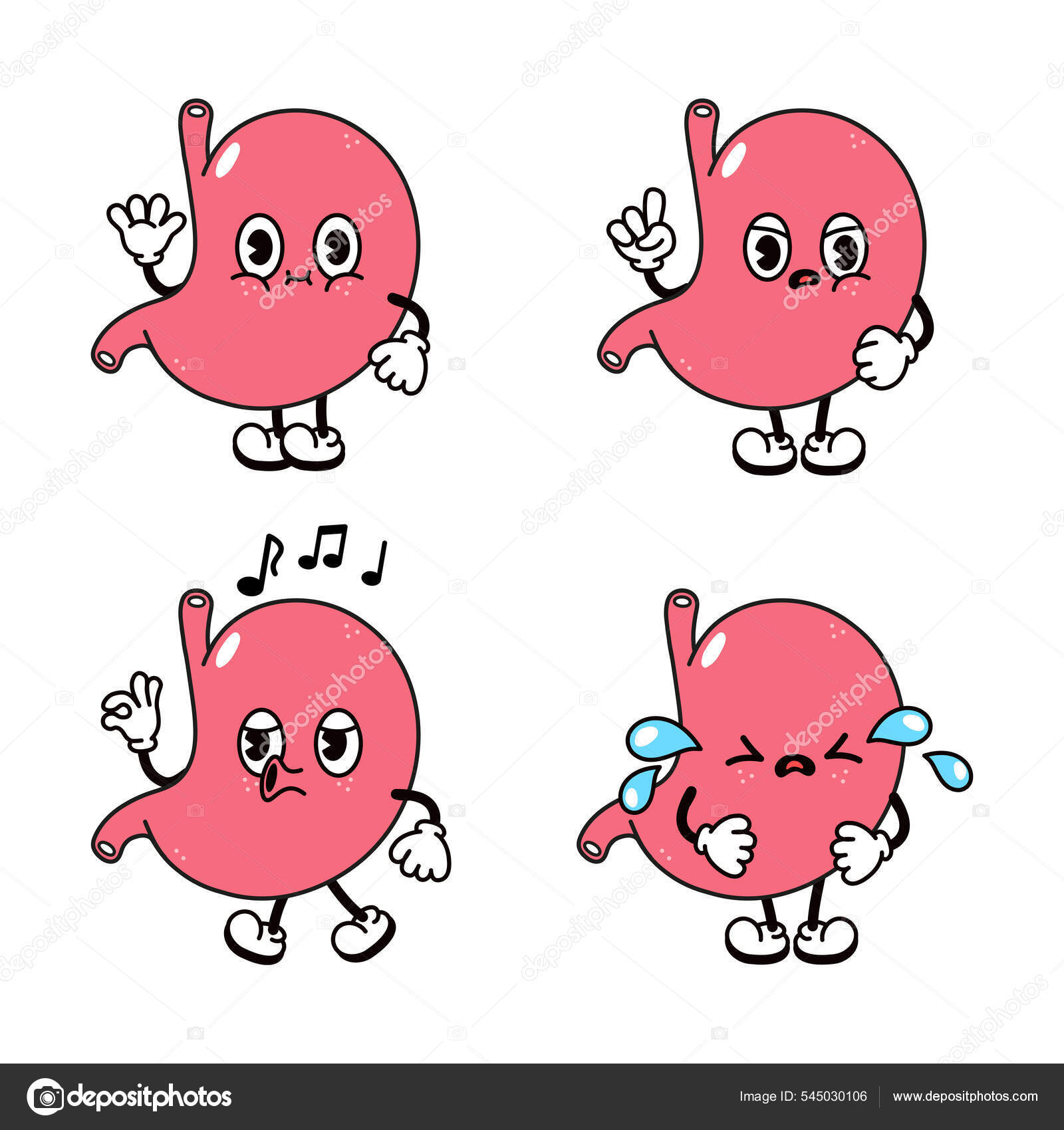 Funny Happy Stomach Characters Bundle Set Vector Hand Drawn Doodle ...